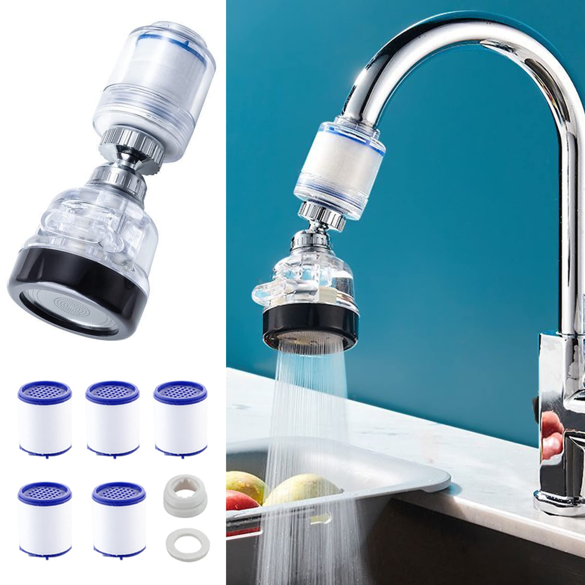 Faucet Water Filter, 360° Rotating Faucet Water Filter, Kitchen Bathroom Universal Sink Water Filter, with 3 Water Outlet Modes Removes Chlorine Fluoride Heavy Metals Hard Water for Bathroom Sink
