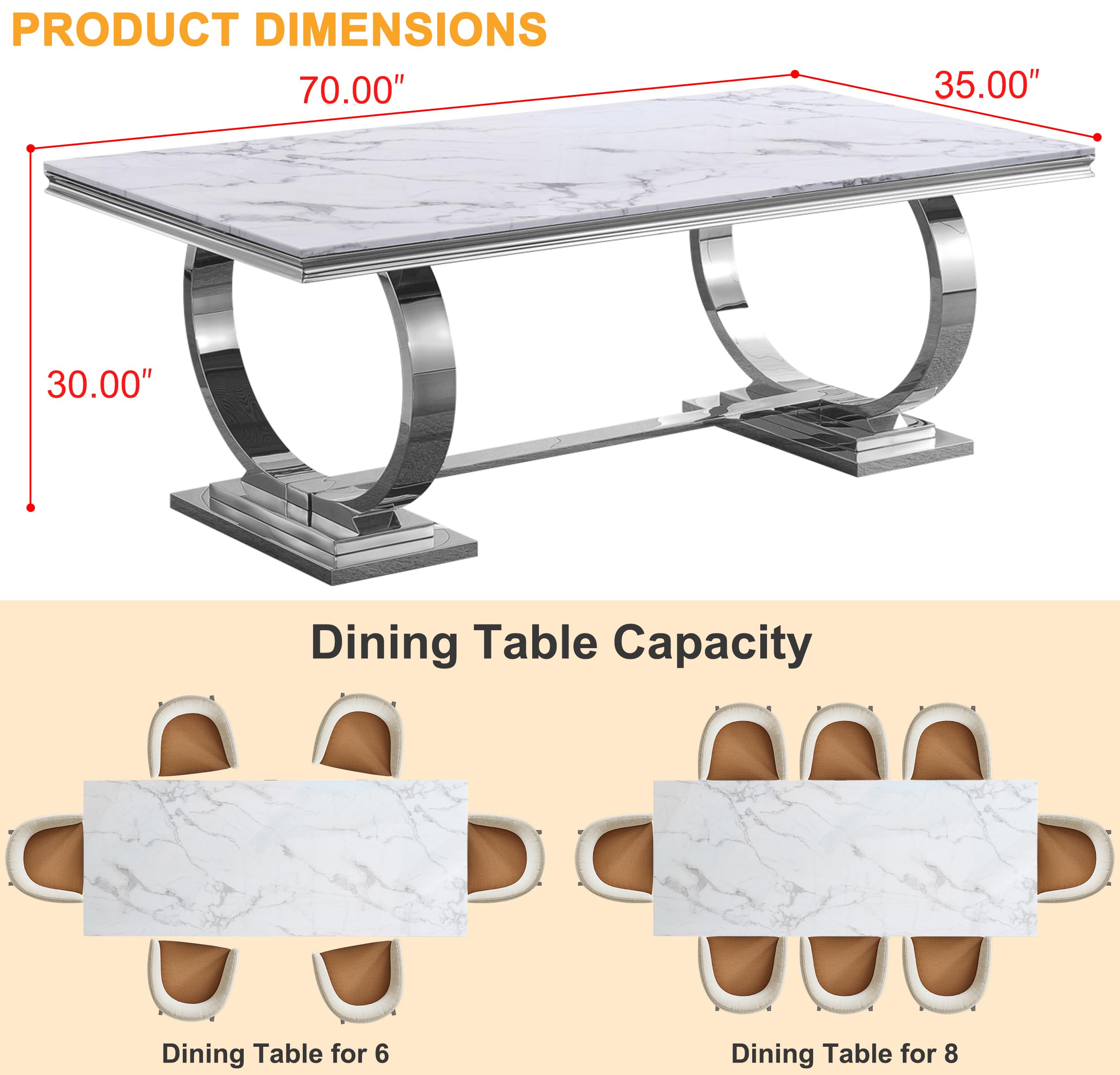 Maotifeys 70" White Marble Dining Table, Rectangle Marble Top, Silver U-Shape Stainless Steel Pedestal, Mid-Century Modern, 70" x 35" x 30"