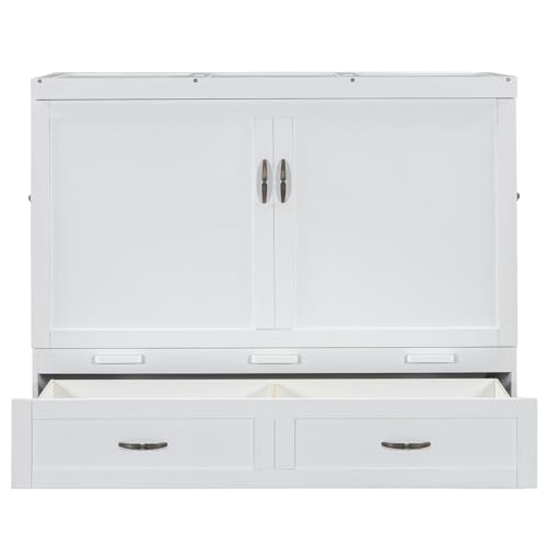 WADRI Full Size Murphy Bed with USB Port and a Large Drawer, Wood Mobile Murphy Chest Bed, Muti-Functional Cabinet Bed for Home Office or Small Room (White-Full-32)
