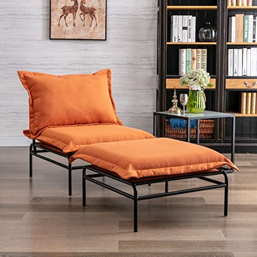 Modern Linen Fabric Accent Chair with Ottoman Set, Upholstered Lounge Chair with Black Metal Legs Comfy Recliner Chair with Back Large Living Room Chair with Footrest Sofa Bed for Bedroom, Orange