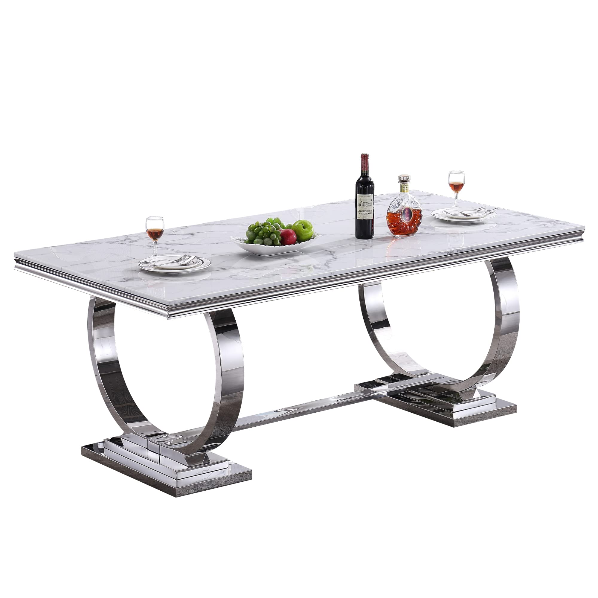 Maotifeys 70" White Marble Dining Table, Rectangle Marble Top, Silver U-Shape Stainless Steel Pedestal, Mid-Century Modern, 70" x 35" x 30"
