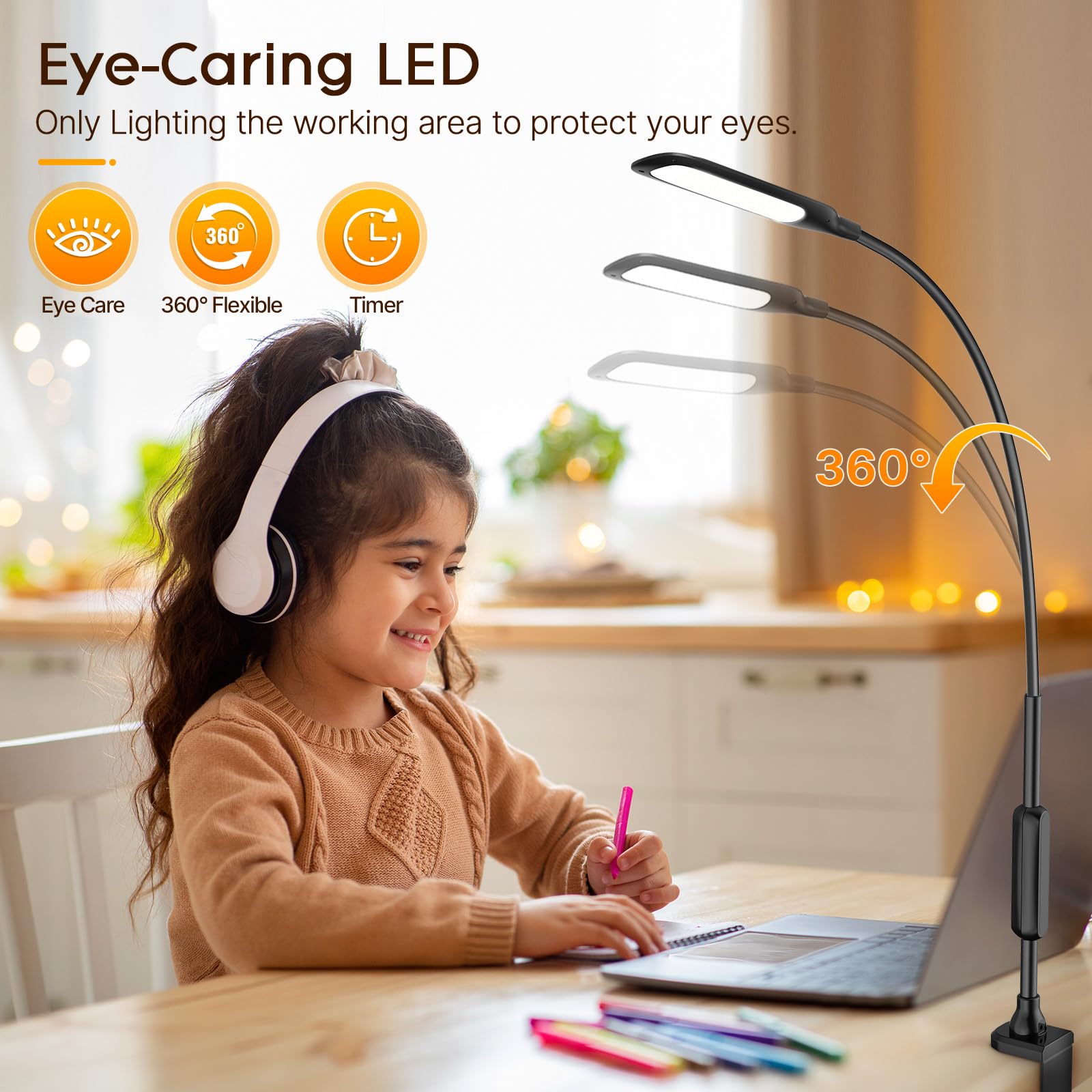 LED Desk Lamp/Clamp LED Lamp/Remote Control & Touch/Adjustable Flexible Gooseneck/Modern Stylish Multiple Setting Brightness and Color Bright Bulb/by Syrinx (Black)