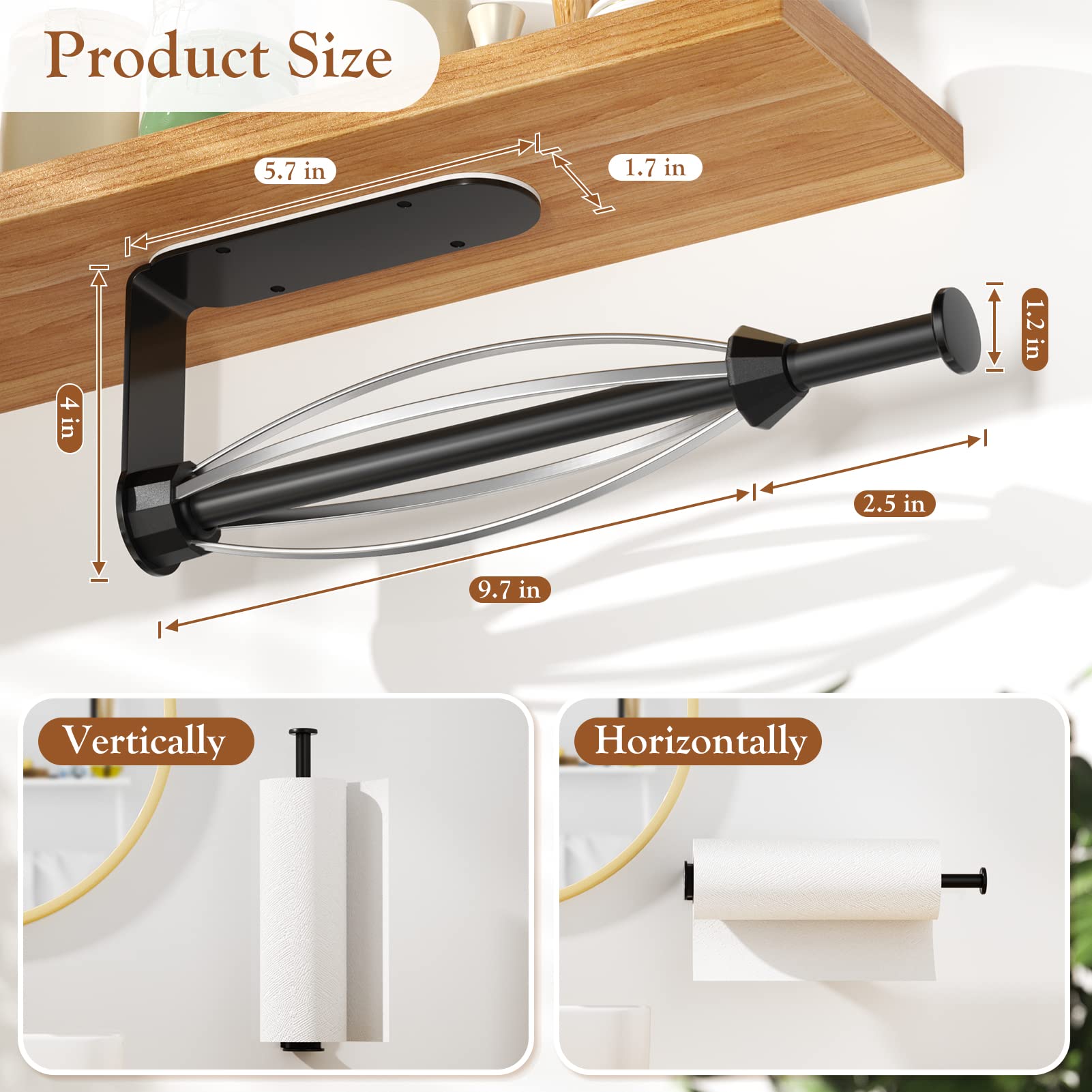 Paper Towel Holder Under Cabinet, Single Hand Operable Wall Mount Paper Towel Holder with Damping Effect, Self-Adhesive or Drilled Paper Roll Holders for Kitchen, Bathroom, RV(2 Towel Robe Hooks)