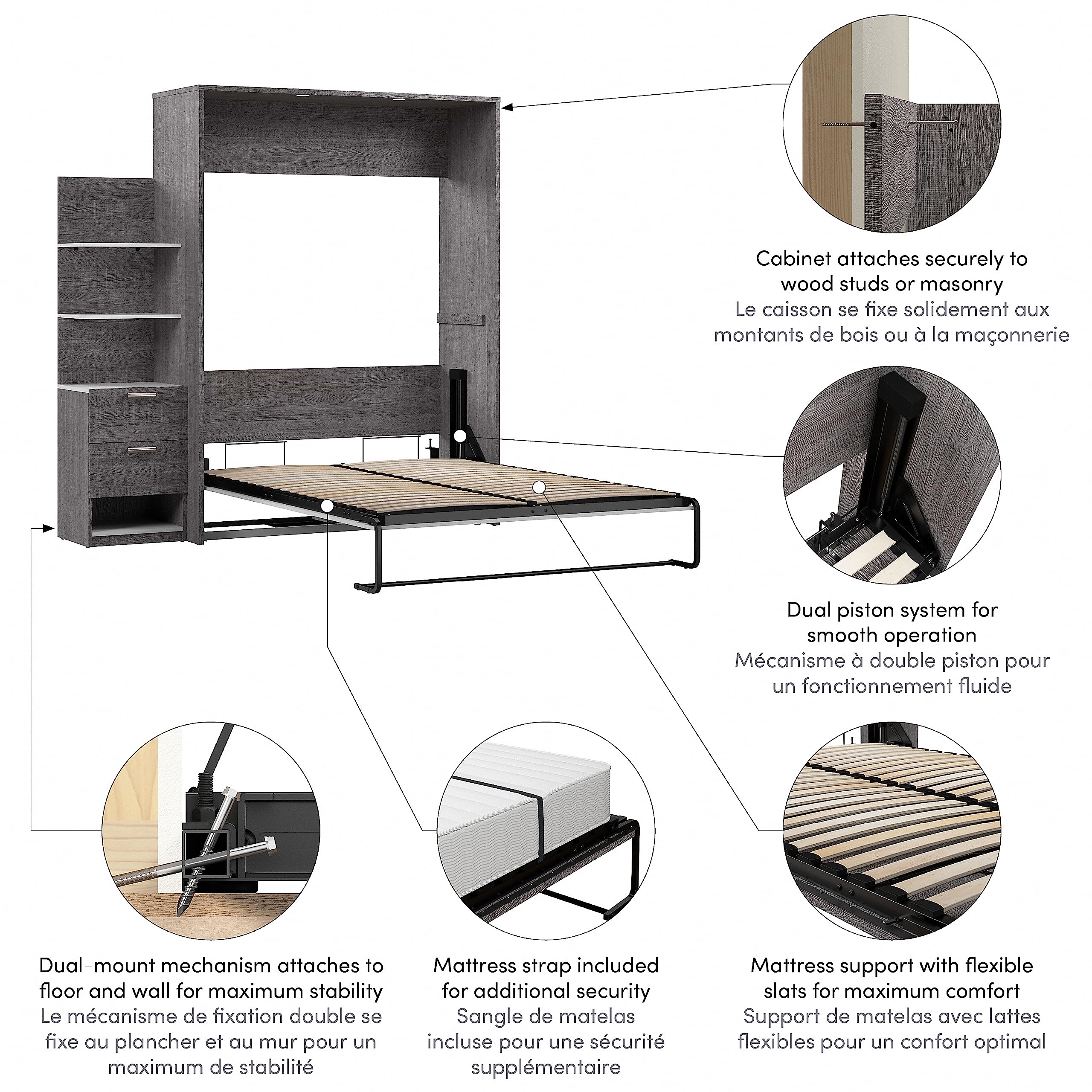 Bestar Cielo Queen Murphy Bed with Nightstand and Floating Shelves (85W) in Bark Gray and White, Sleeping Arrangement for Multipurpose Room