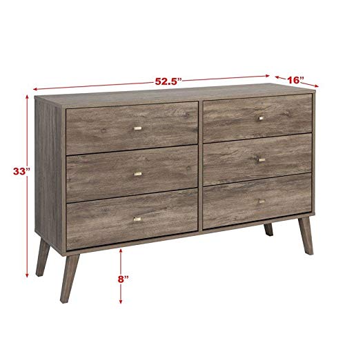 Prepac Milo Mid-Century 6 Drawer Dresser For Bedroom, 16" D x 52.25" W x 33" H, Drifted Gray