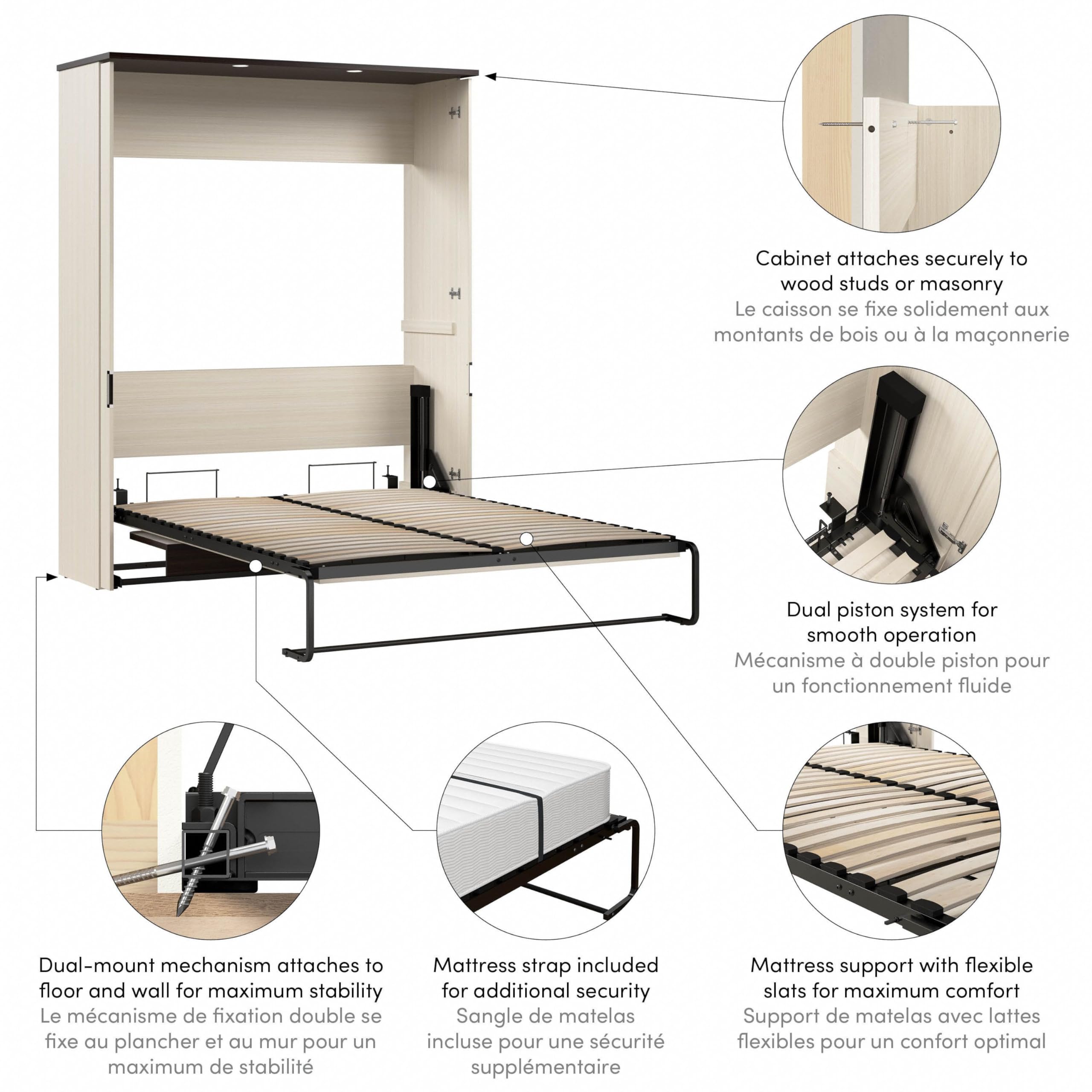 Bestar Lumina 68W Queen Murphy Bed with Desk in White Chocolate | Space-Saving Sleeping Arrangement for Multipurpose Space, Guest Room, or Bedroom