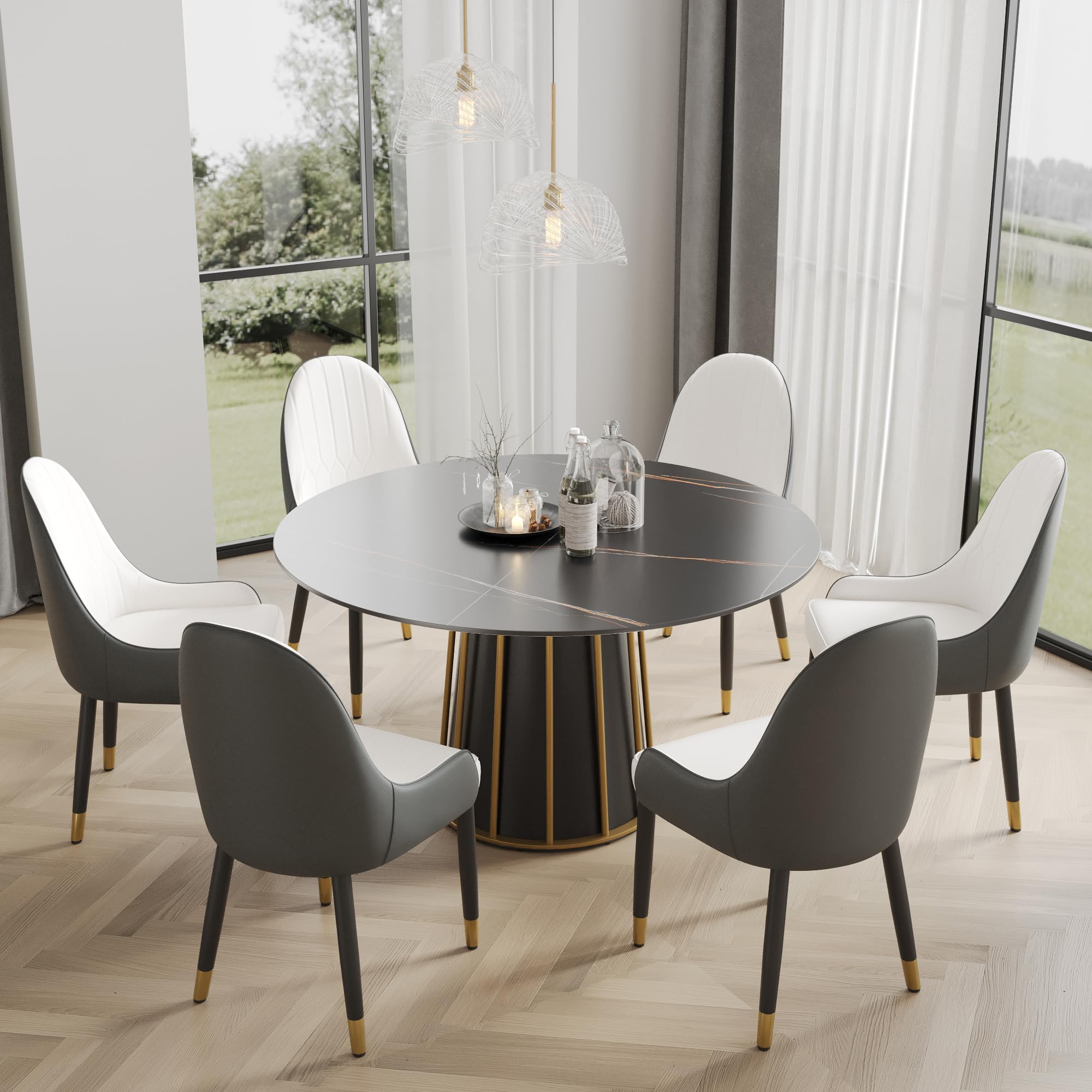 59'' Round Marble Dining Table for 4-6, Black Sintered Stone Circle Kitchen Table Top with Carbon Steel Pedestal, Faux Marble Kitchen Dinner Table for Dining Room/Living Room (Table Only)