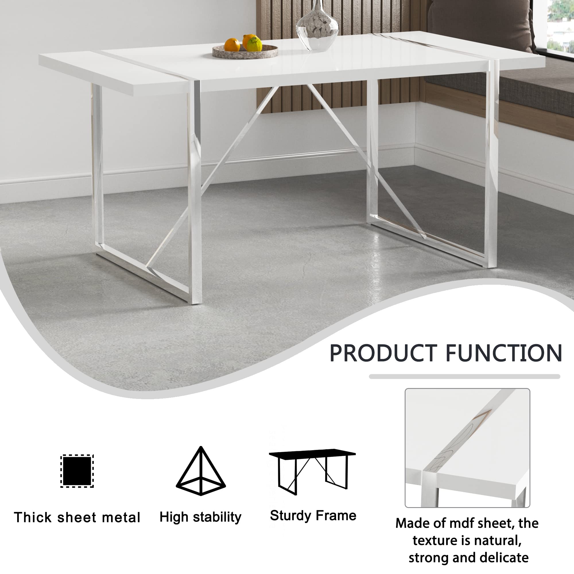 WEKEOT 55" White Dining Table Set for 4 Modern Kitchen Table and Chairs for 4 Rectangular Faux Marble Dining Room Table and PU Leather Chairs Kitchen Table Set(1White Table+4White Chairs)