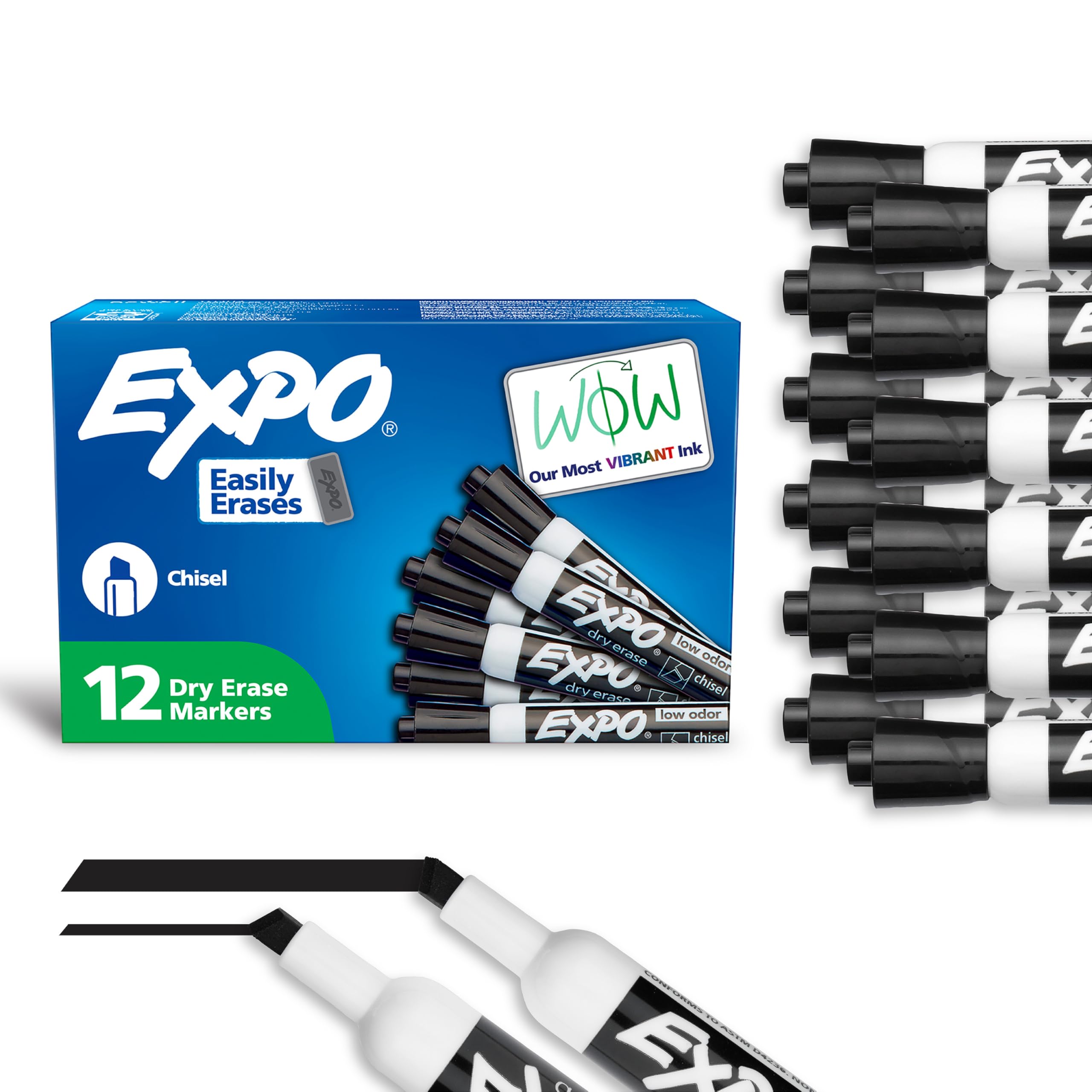 EXPO Low Odor Dry Erase Markers, Chisel Tip, Black, 12 Count
