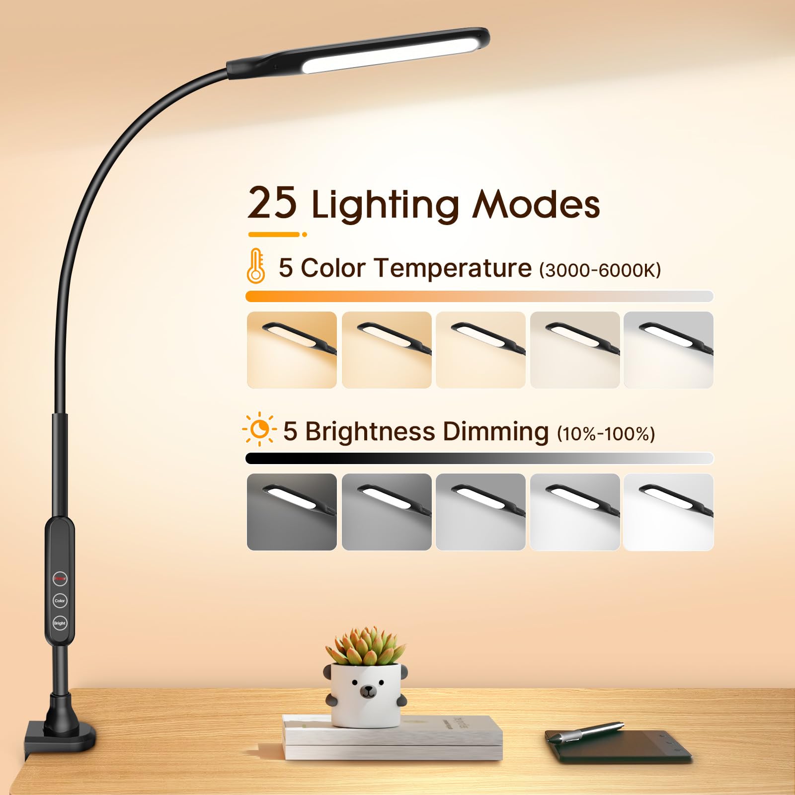 LED Desk Lamp/Clamp LED Lamp/Remote Control & Touch/Adjustable Flexible Gooseneck/Modern Stylish Multiple Setting Brightness and Color Bright Bulb/by Syrinx (Black)