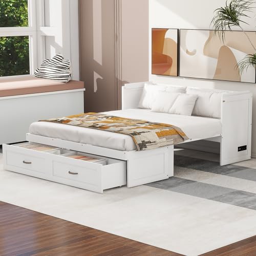 WADRI Full Size Murphy Bed with USB Port and a Large Drawer, Wood Mobile Murphy Chest Bed, Muti-Functional Cabinet Bed for Home Office or Small Room (White-Full-32)