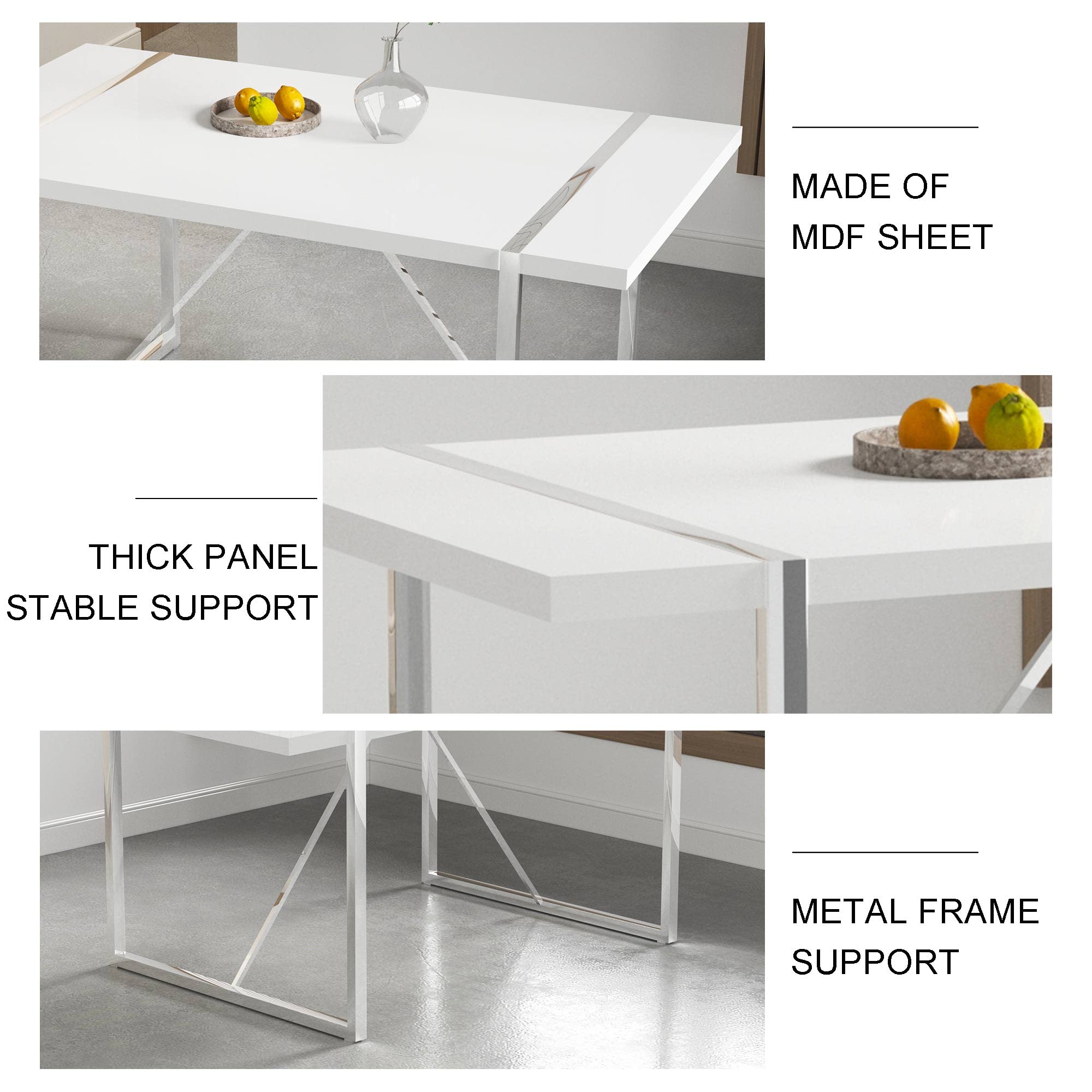 WEKEOT 55" White Dining Table Set for 4 Modern Kitchen Table and Chairs for 4 Rectangular Faux Marble Dining Room Table and PU Leather Chairs Kitchen Table Set(1White Table+4White Chairs)
