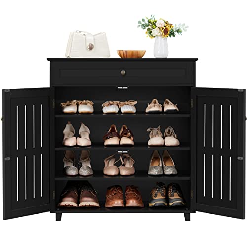 Yaheetech Shoe Cabinet Bathroom Storage Cabinet with 1 Drawer & Adjustable Shelf, Shoe Rack Pinter Stand for Home Office, Black