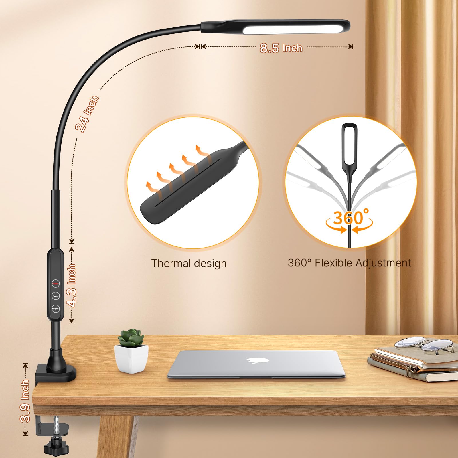 LED Desk Lamp/Clamp LED Lamp/Remote Control & Touch/Adjustable Flexible Gooseneck/Modern Stylish Multiple Setting Brightness and Color Bright Bulb/by Syrinx (Black)