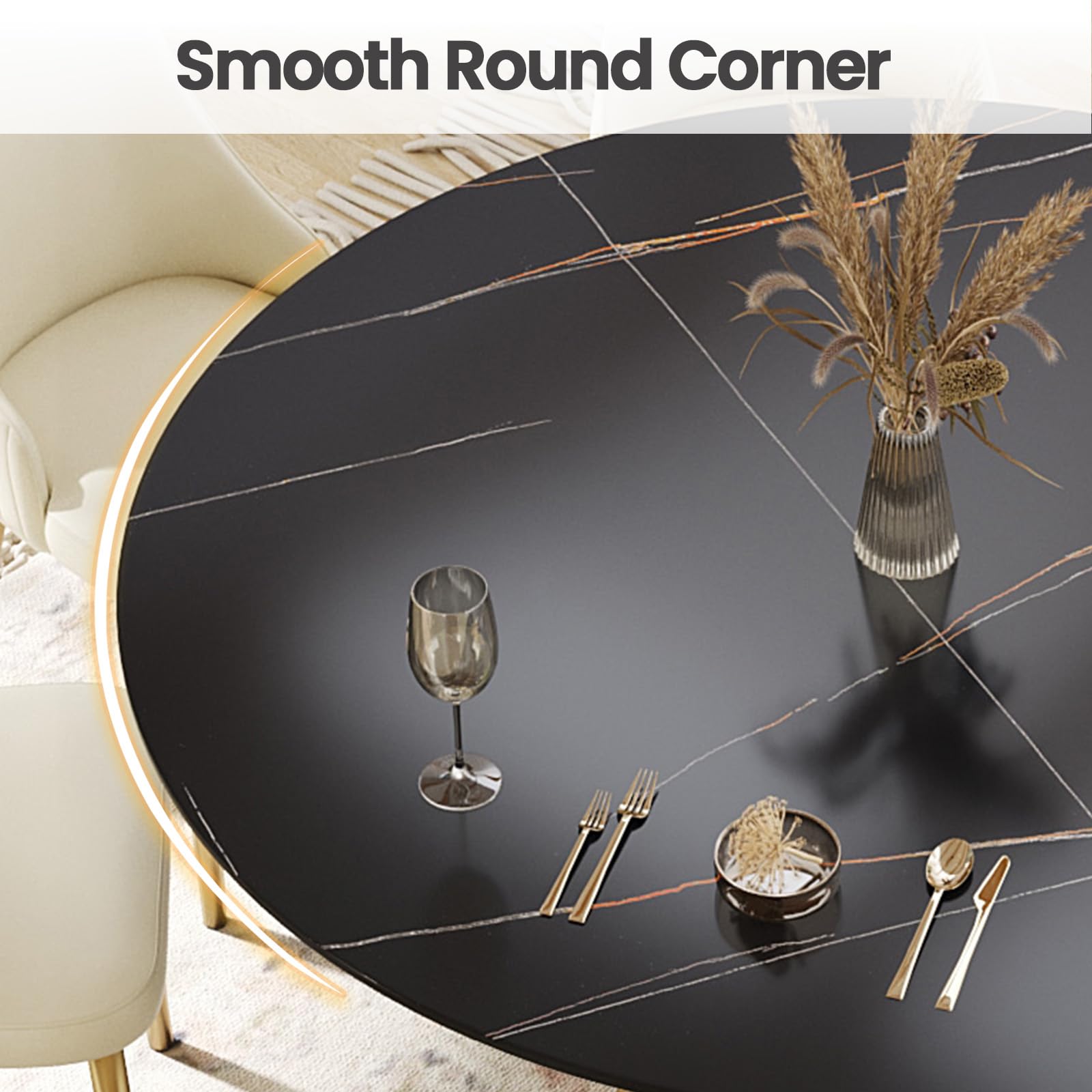 59'' Round Marble Dining Table for 4-6, Black Sintered Stone Circle Kitchen Table Top with Carbon Steel Pedestal, Faux Marble Kitchen Dinner Table for Dining Room/Living Room (Table Only)