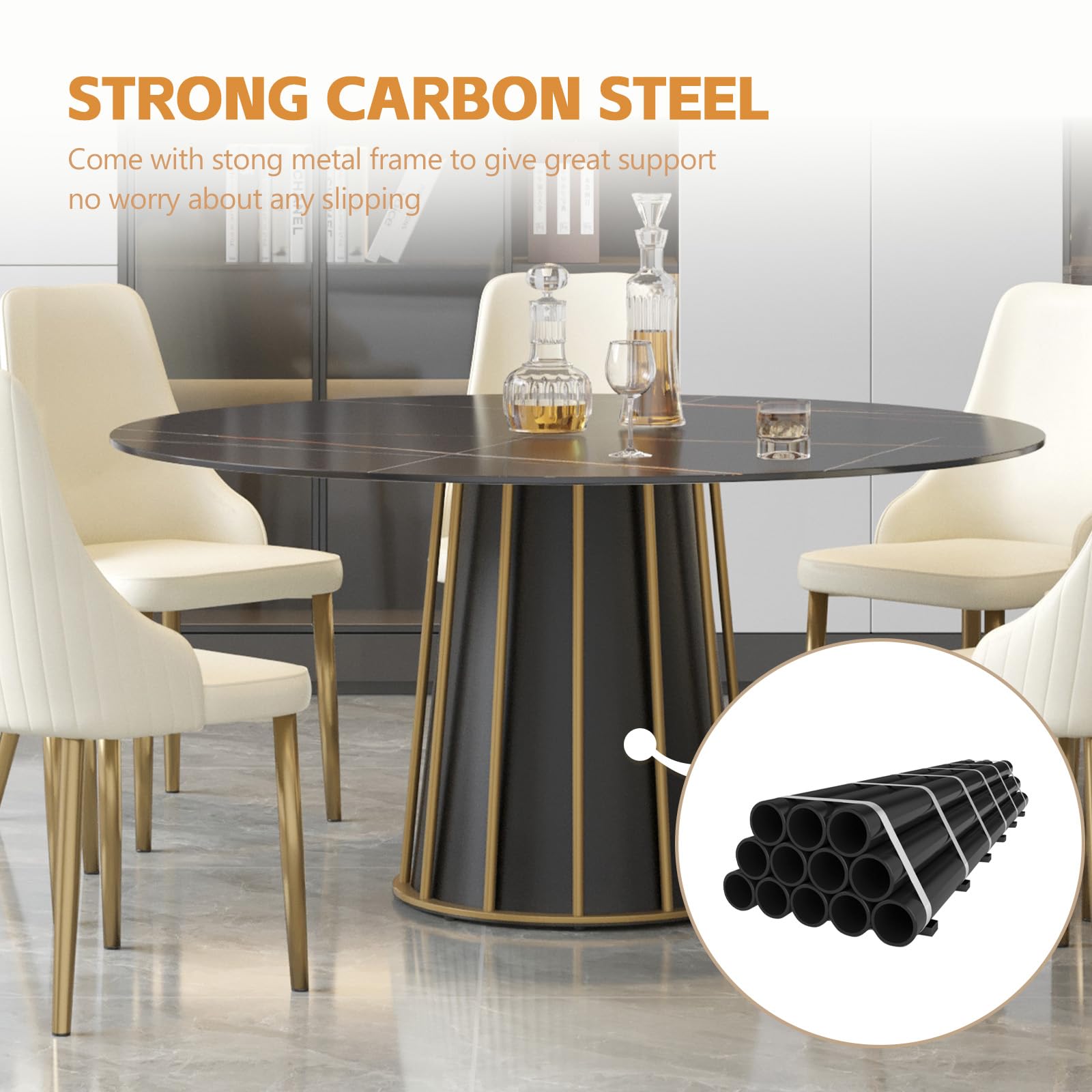 59'' Round Marble Dining Table for 4-6, Black Sintered Stone Circle Kitchen Table Top with Carbon Steel Pedestal, Faux Marble Kitchen Dinner Table for Dining Room/Living Room (Table Only)
