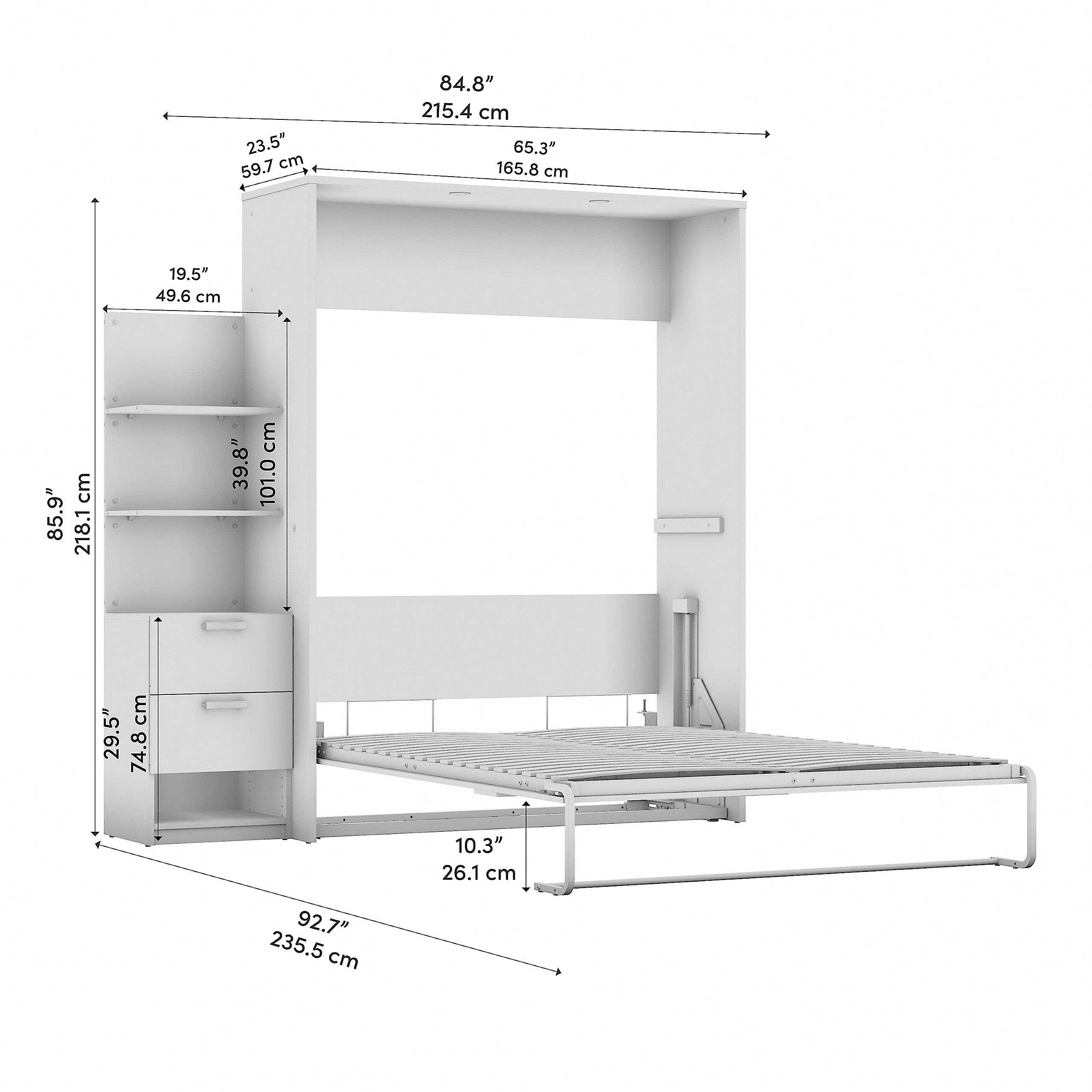 Bestar Cielo Queen Murphy Bed with Nightstand and Floating Shelves (85W) in Bark Gray and White, Sleeping Arrangement for Multipurpose Room