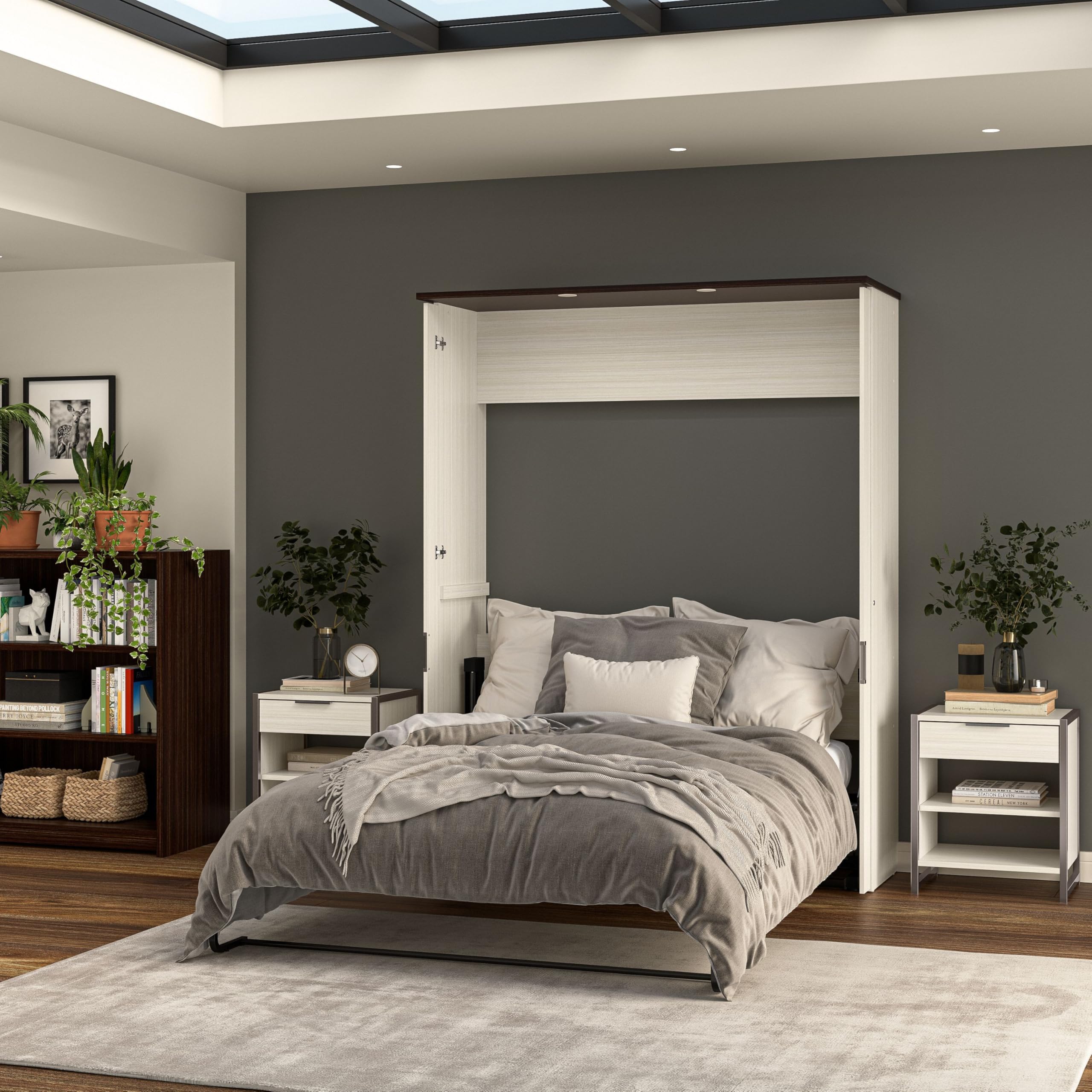 Bestar Lumina 68W Queen Murphy Bed with Desk in White Chocolate | Space-Saving Sleeping Arrangement for Multipurpose Space, Guest Room, or Bedroom