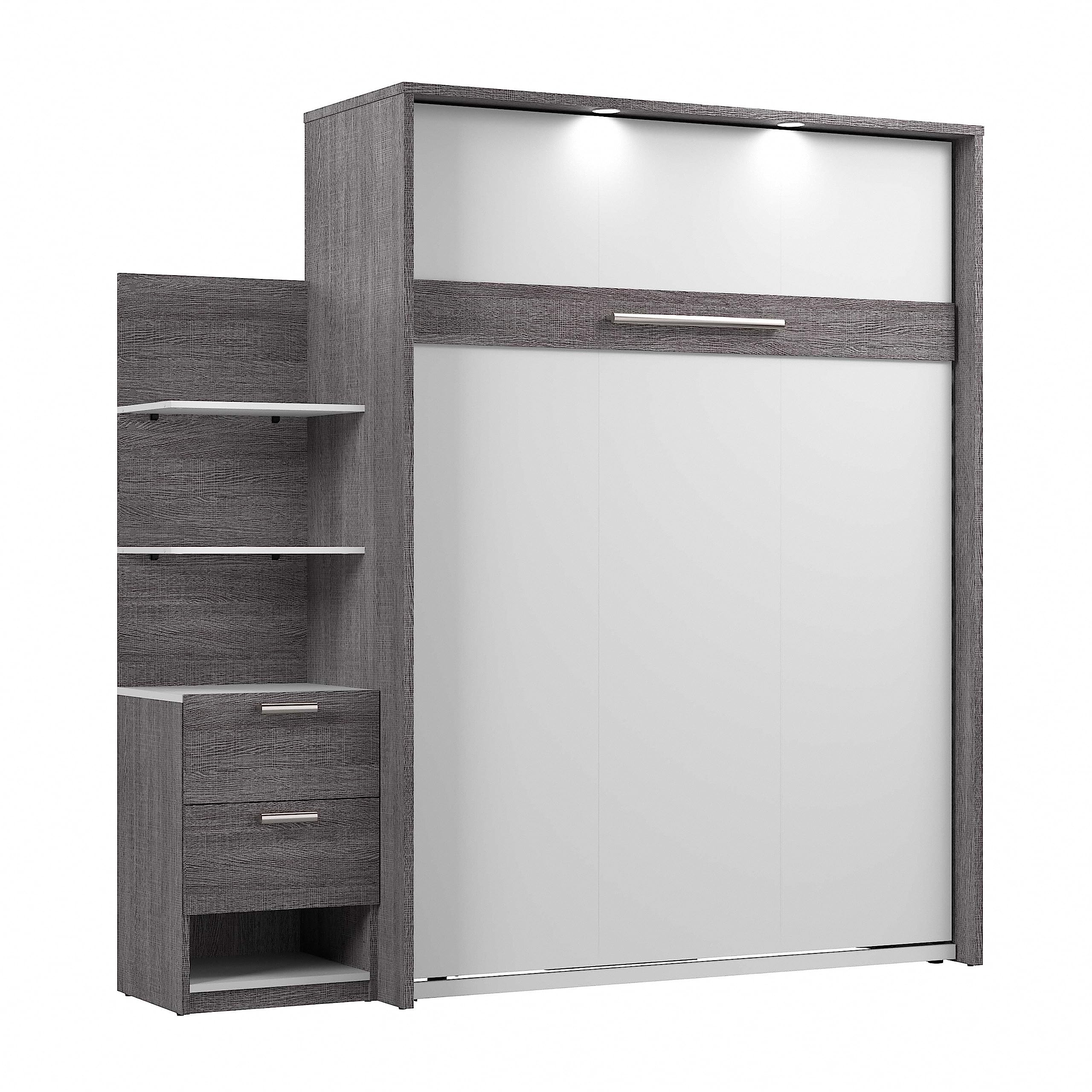 Bestar Cielo Queen Murphy Bed with Nightstand and Floating Shelves (85W) in Bark Gray and White, Sleeping Arrangement for Multipurpose Room