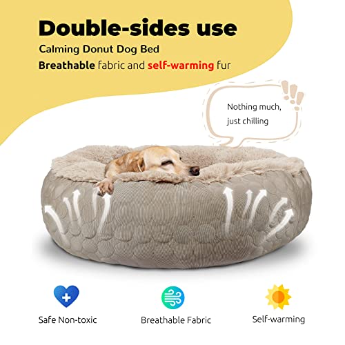 HACHIKITTY Dog Donut Bed Calming Bed Donut Round, Fluffy Dog Bed Medium Large Dogs, Cooling Warming Soft Dog Cushion Bed, Double Sided Available Donut Bed with Warm & Cool Sides(X-Large, Taupe)