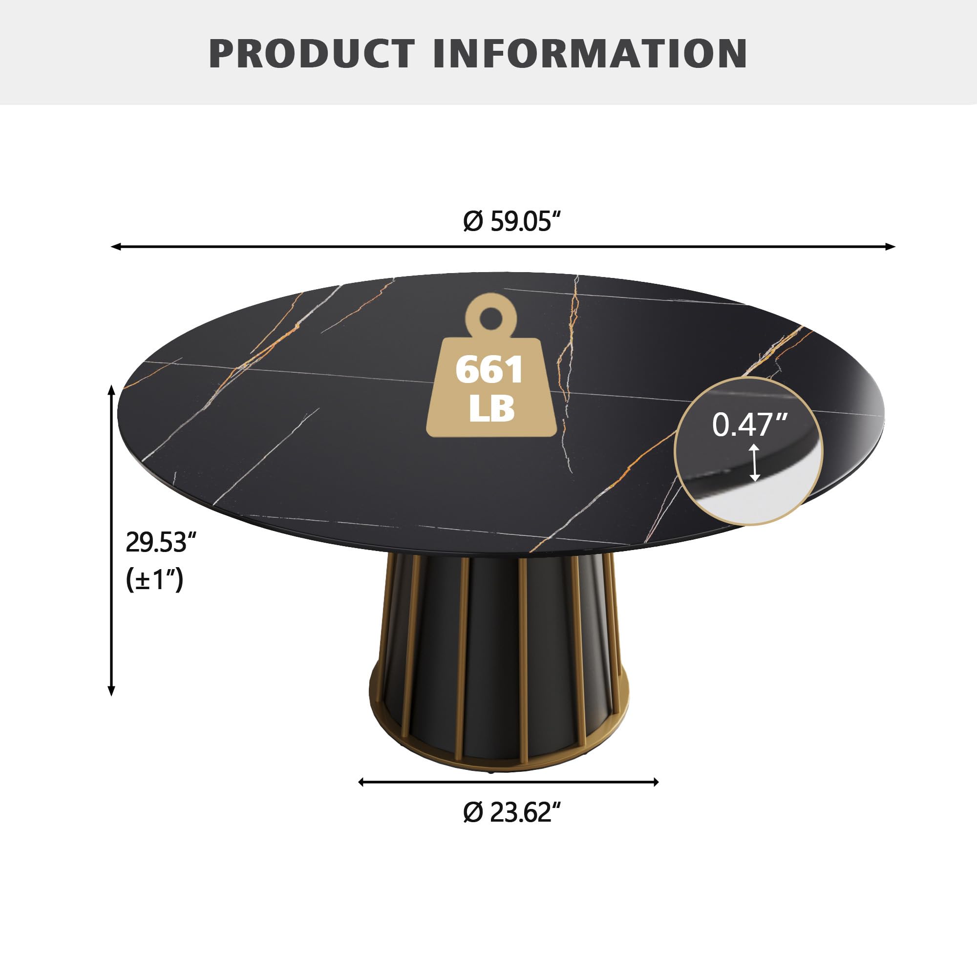 59'' Round Marble Dining Table for 4-6, Black Sintered Stone Circle Kitchen Table Top with Carbon Steel Pedestal, Faux Marble Kitchen Dinner Table for Dining Room/Living Room (Table Only)