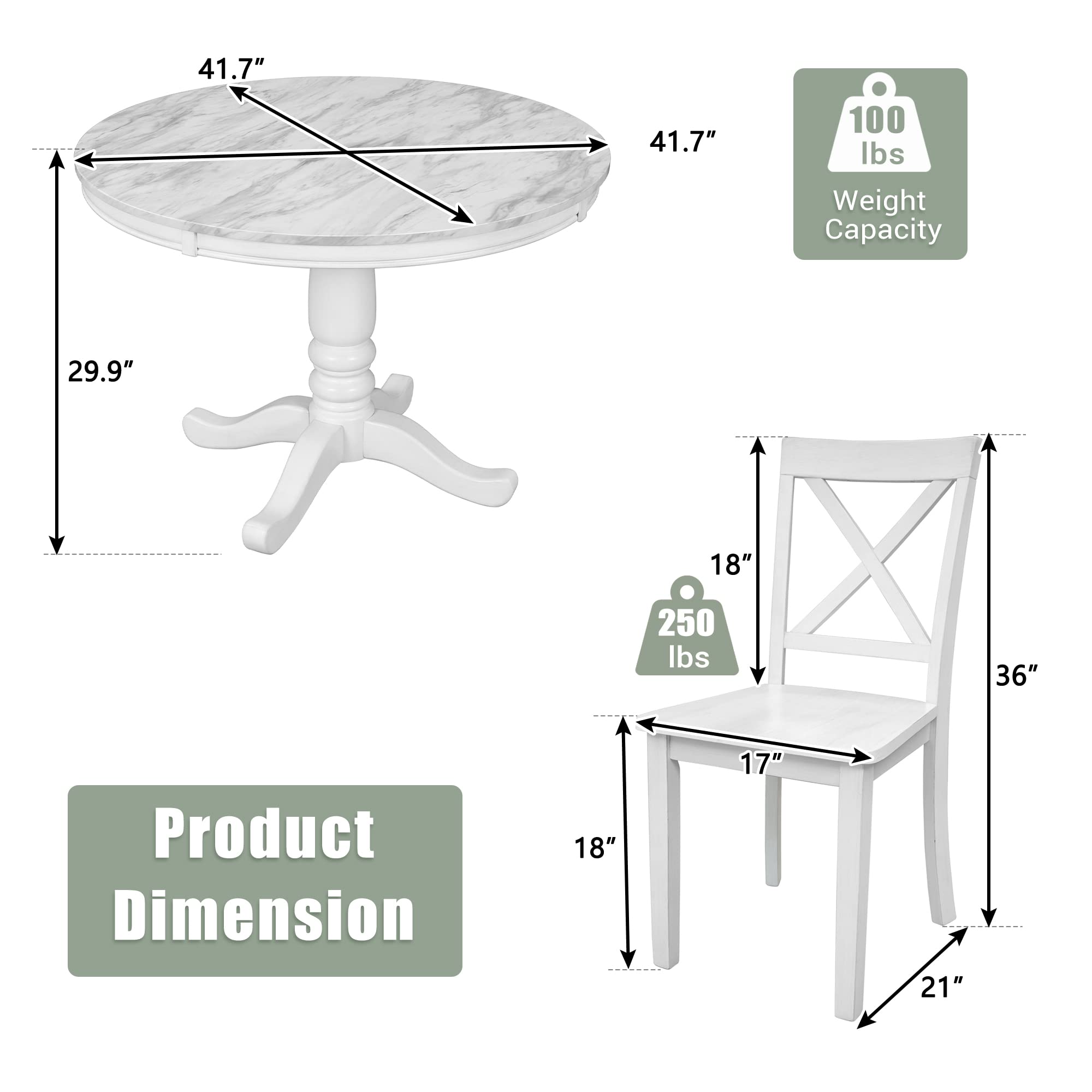 GINGVAT 5 Piece Round Dining Table Set for 4,with Marble Veneer and X Back 4 Solid Wood Chairs,42-Inch, White