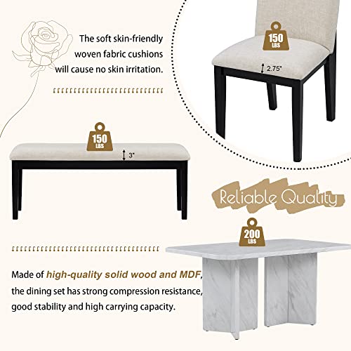 Goozio 6-Piece Dining Table Set, Modern Style Kitchen Dining Table Set with Faux Marble Table and 4 Upholstered Dining Chairs & 1 Bench, Dining Room Set for 6 Persons,White