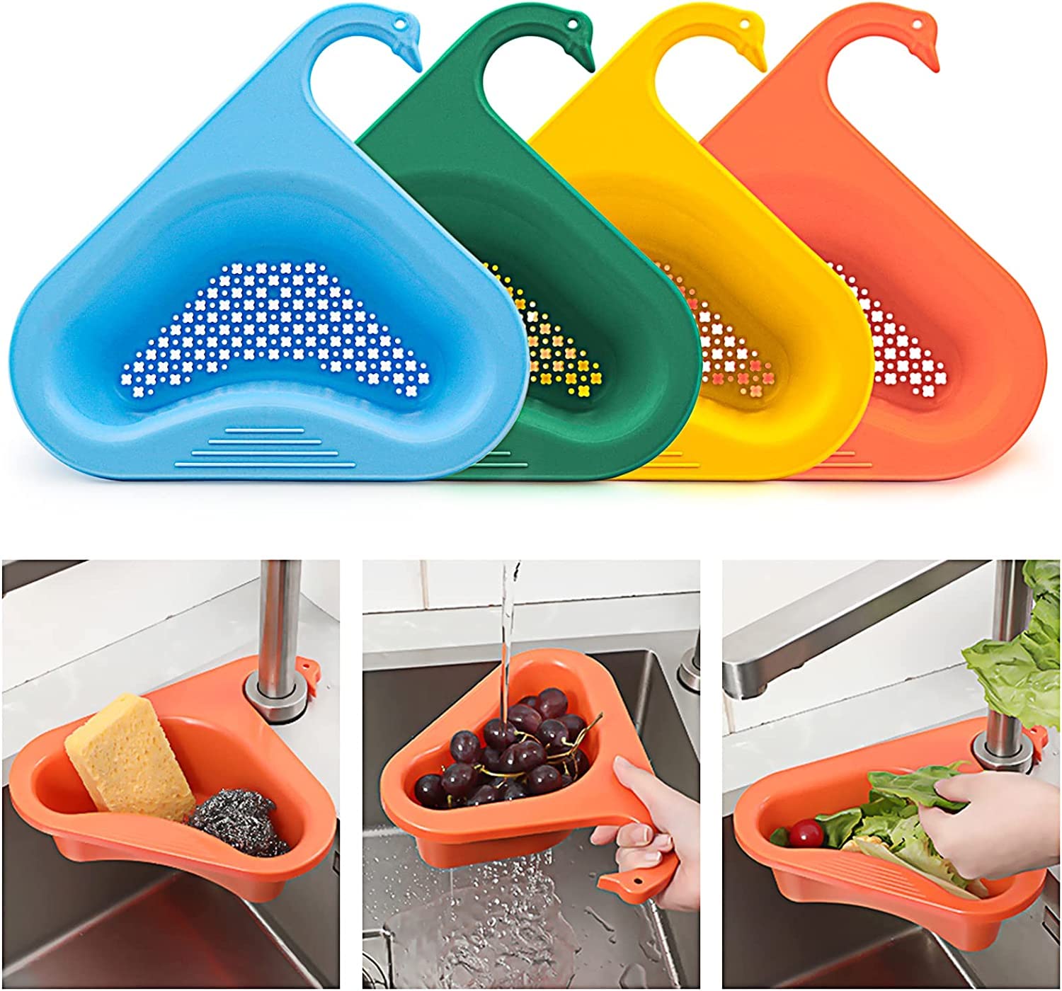 4 Pcs Swan Drain Basket, Sink Strainer Basket Kitchen Sink Strainer Multifunctional Kitchenware Triangle Sink Filter Kitchen Utensils Orange, Green, Yellow, Blue