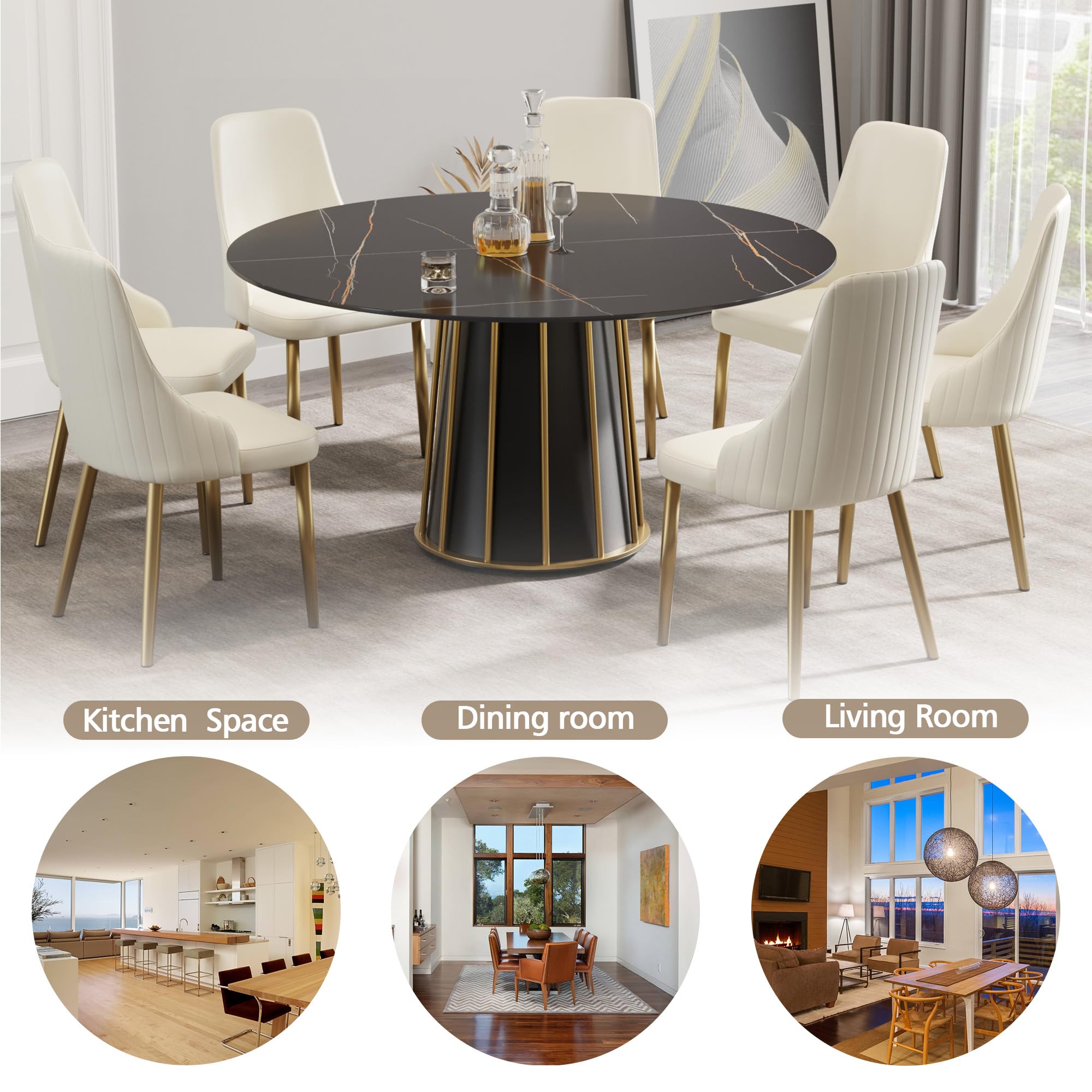 59'' Round Marble Dining Table for 4-6, Black Sintered Stone Circle Kitchen Table Top with Carbon Steel Pedestal, Faux Marble Kitchen Dinner Table for Dining Room/Living Room (Table Only)