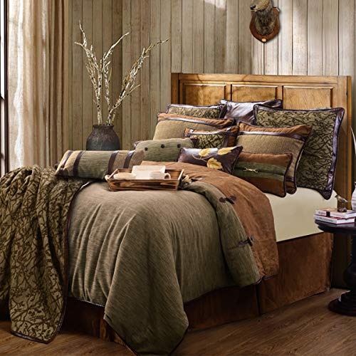 Paseo Road by HiEnd Accents | Highland Lodge Rustic Bedding 5 Piece Super King Size Comforter Set, Green Brown Jacquard Western Bedding, Cabin Comforter Set with Bed Skirt, Shams, Accent Pillow
