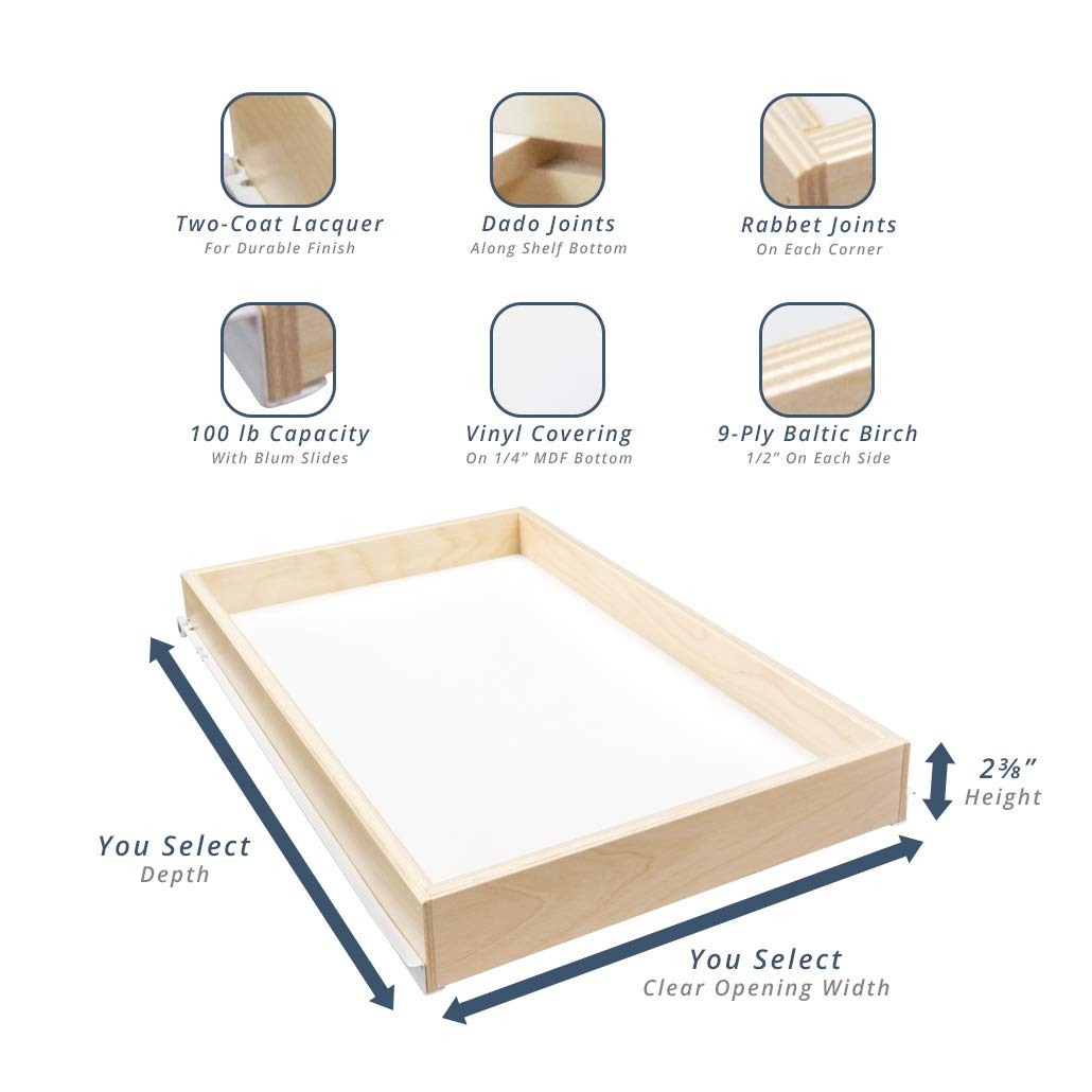 Sliding Pull-Out Shelf For Cabinets (Kitchen Cupboards, Pantry Drawers, Bathroom Storage) 2 3/8" Tall - 3/4 Slides & Base Mounting - Custom Clear Opening Width & Depth: (14.250" (1/4), 19.75" (3/4))