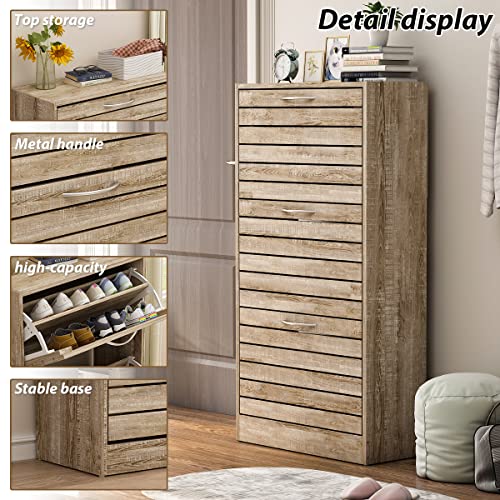 AGOTENI Shoe Cabinet, Natural Narrow Shoe Cabinet with 3 Flip Doors & Adjustable Shelf, Modern Shoe Storage Cabinet for Entryway Hallway (22.4”W x 9.4”D x 42.3”H)