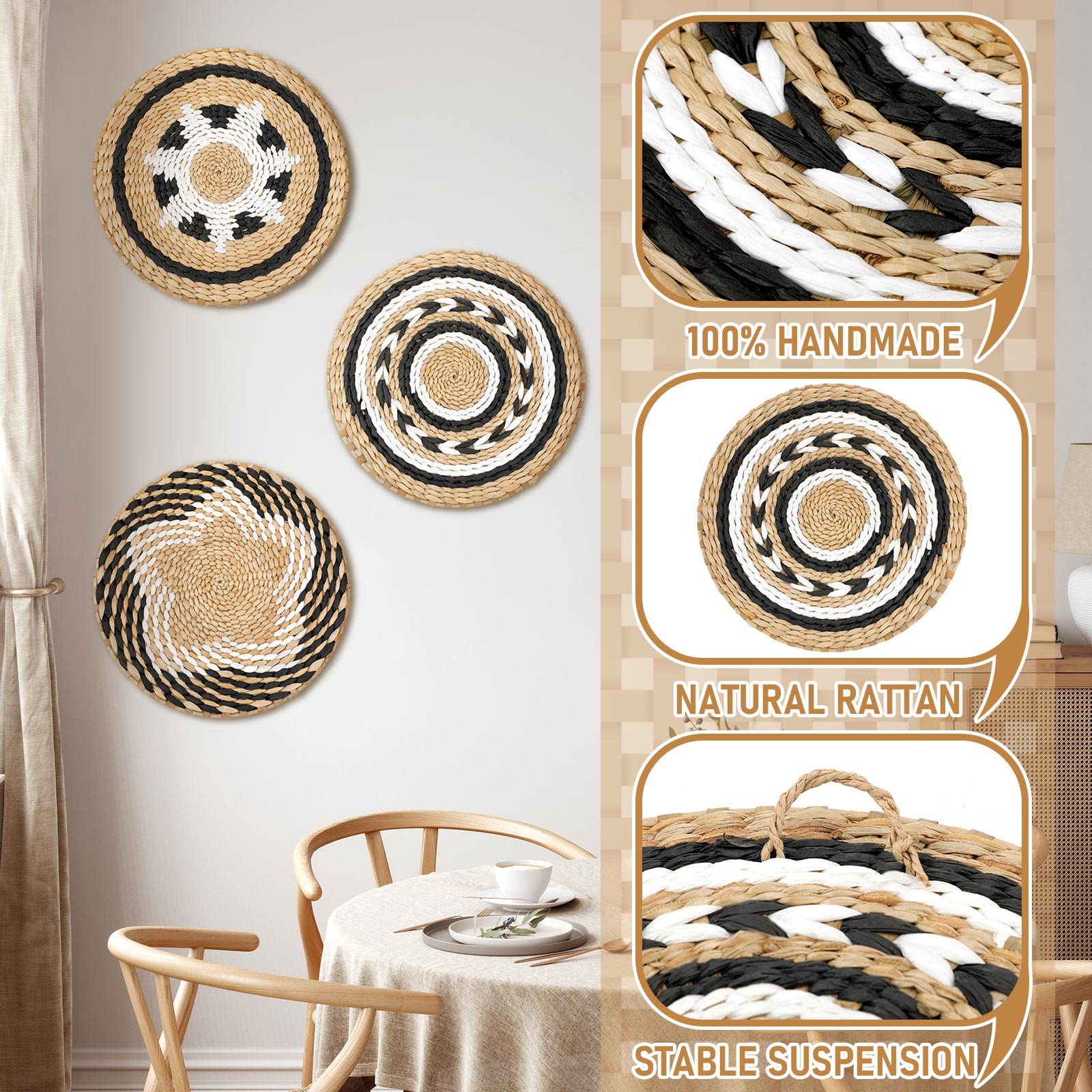 Boho Wall Basket Decor Set of 3 Decorative Bulrush Woven Basket Wall Decor Set Rustic Hanging Handmade Round Woven Wall Decor with African Design for Living Room Bedroom Farmhouse Gift Idea