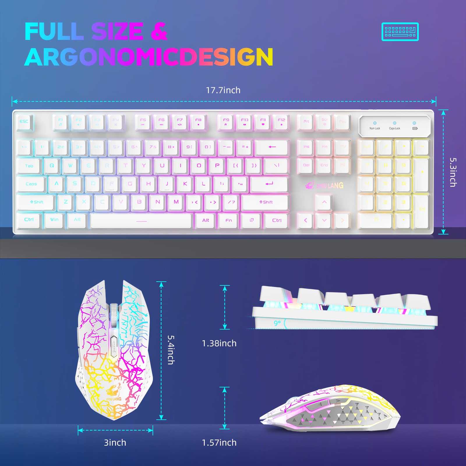 XINMENG Wireless Gaming Keyboard and Mouse USB/Type-C Dual Receiver, Rechargeable Long Battery Life, Rainbow Backlit Mechanical Feel Keyboard and Adjustable DPI Mice, for PC,Mac,Laptop,PS4,PS5,Xbox