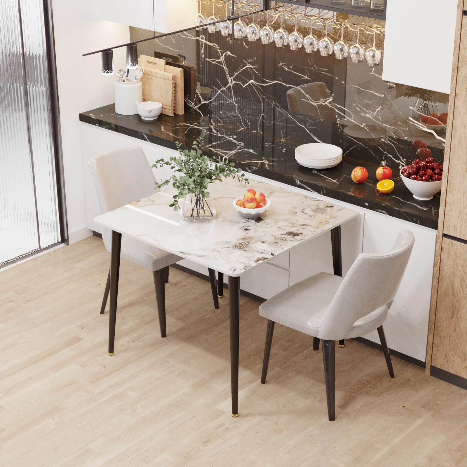 Sintered Stone Tabletop Iron Legs Dining Table 31.5" White Modern Contemporary Square Marble Metal Glossy Storage