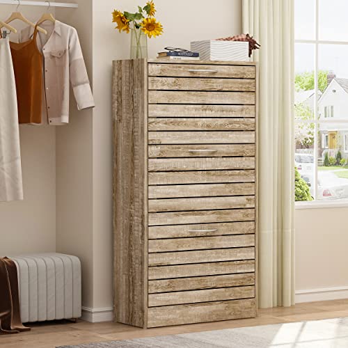 AGOTENI Shoe Cabinet, Natural Narrow Shoe Cabinet with 3 Flip Doors & Adjustable Shelf, Modern Shoe Storage Cabinet for Entryway Hallway (22.4”W x 9.4”D x 42.3”H)