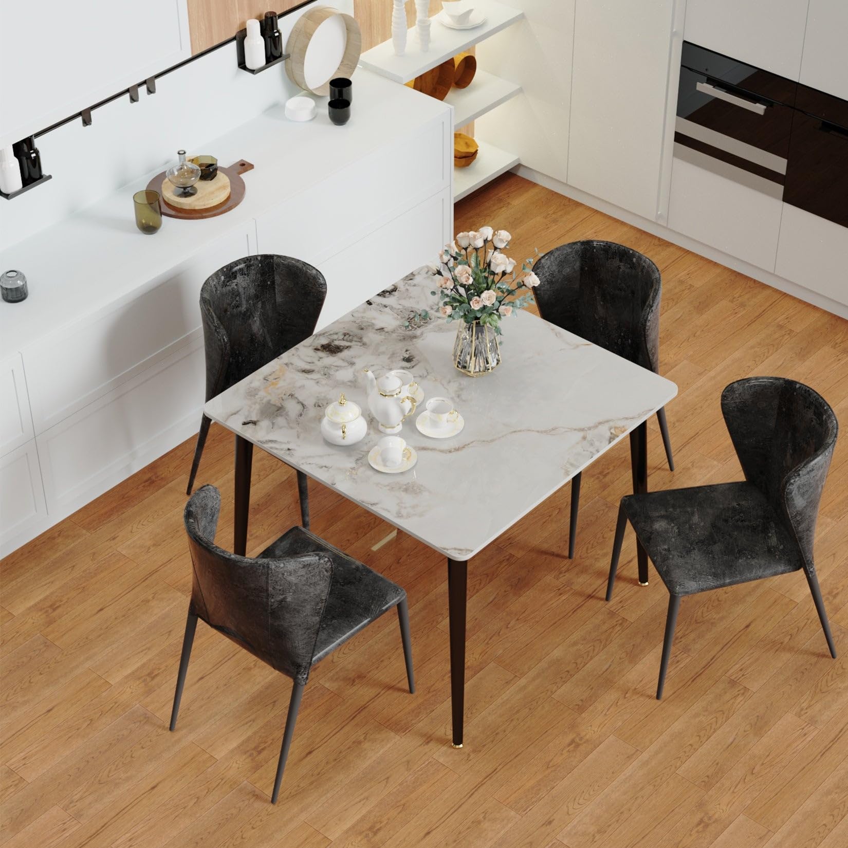 Sintered Stone Tabletop Iron Legs Dining Table 31.5" White Modern Contemporary Square Marble Metal Glossy Storage