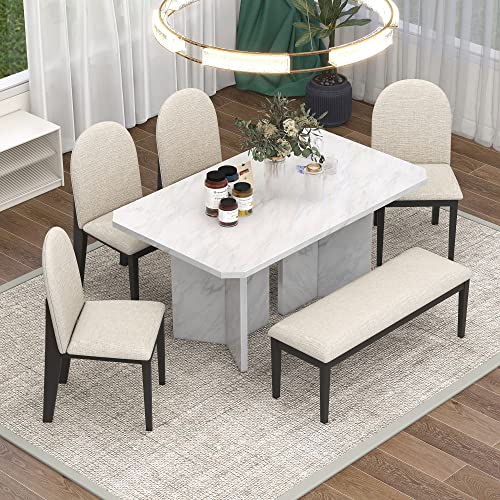 Goozio 6-Piece Dining Table Set, Modern Style Kitchen Dining Table Set with Faux Marble Table and 4 Upholstered Dining Chairs & 1 Bench, Dining Room Set for 6 Persons,White