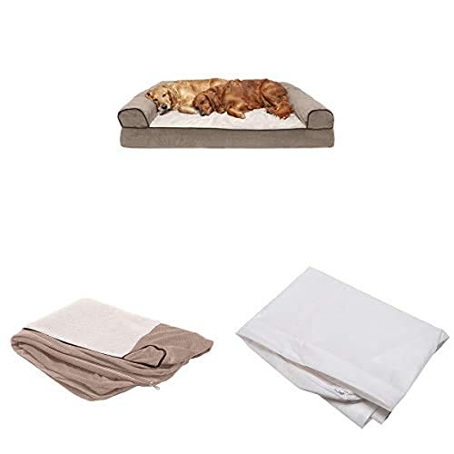 Furhaven Pet Bundle - Jumbo Plus Cream Orthopedic Faux Fleece & Chenille Sofa, Extra Dog Bed Cover, & Water-Resistant Mattress Liner for Dogs & Cats
