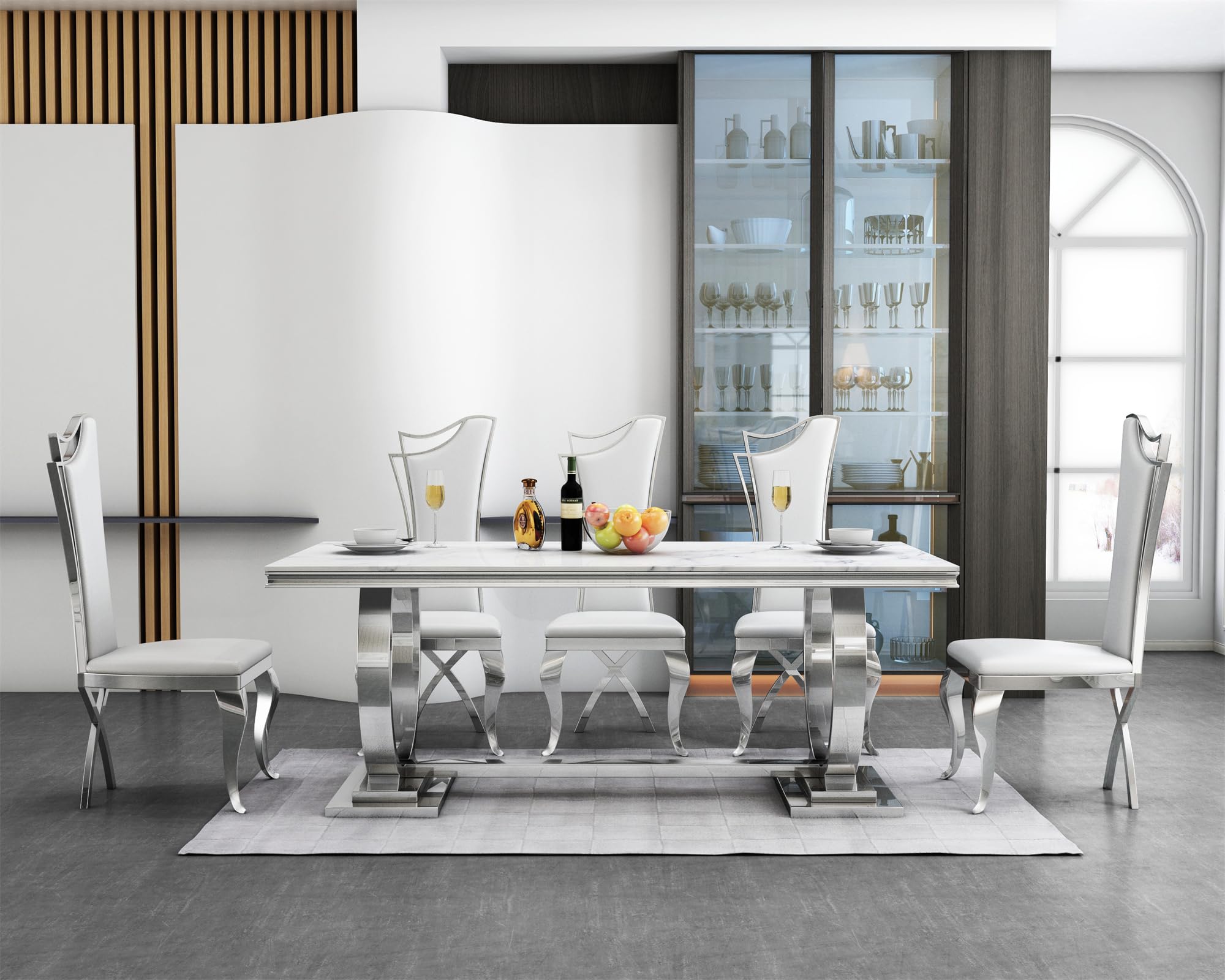 70'' Marble Dining Room Table for 6 or 8, Modern Marble Dining Table w/Silver Stainless Steel U-Base Rectangular Kitchen Table for 8, Large White Dining Table for Home Kitchen Dining Room
