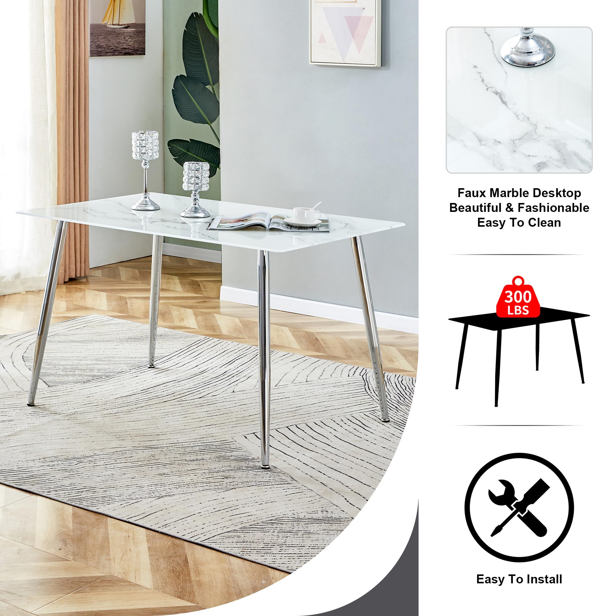 JBFF Modern Minimalist Glass, 0.3" Thick Imitation Marble Coffee Sliver Metal Legs, Rectangle Table for Kitchen Dining Living Room Restaurant, 51" x 31.4" x 30", White