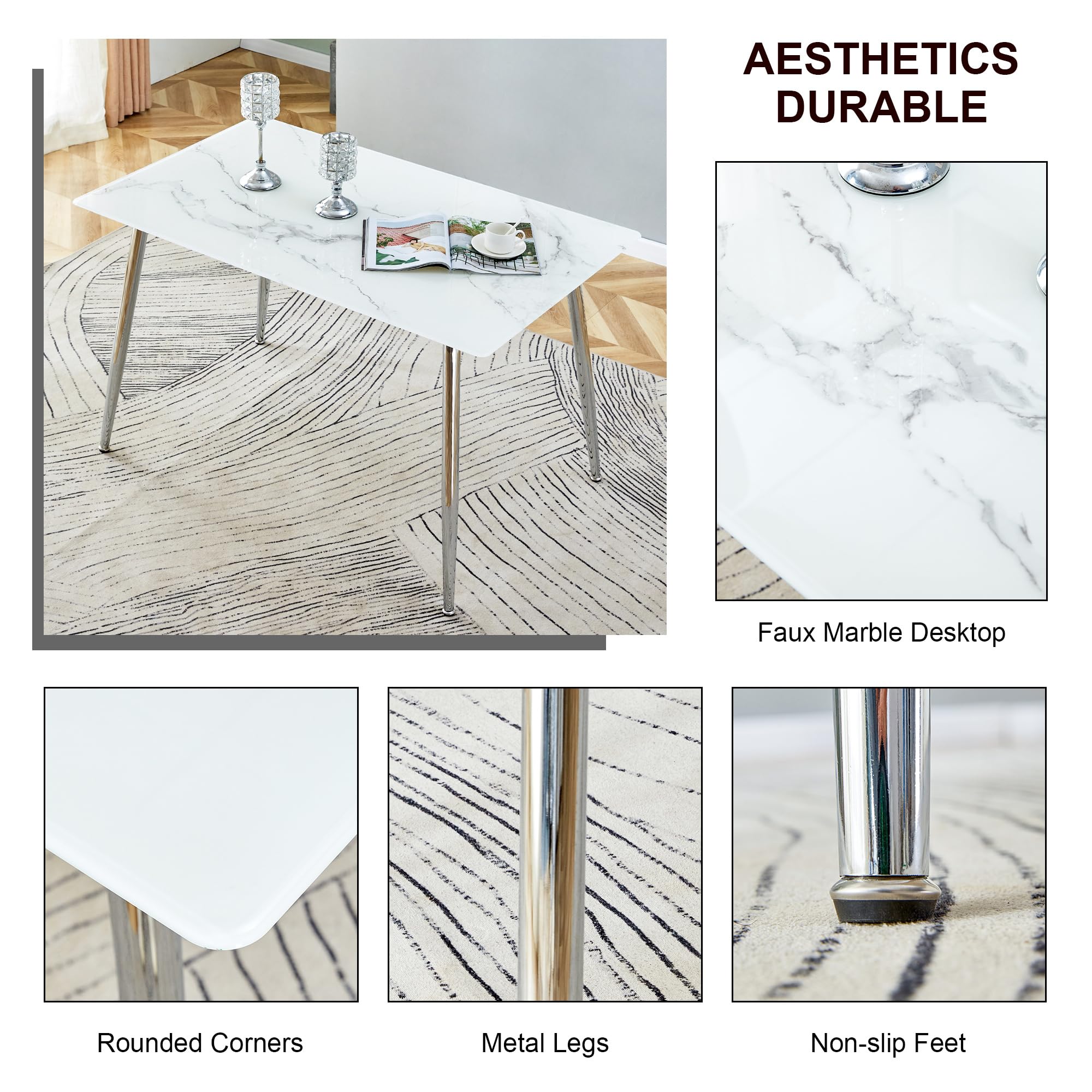 JBFF Modern Minimalist Glass, 0.3" Thick Imitation Marble Coffee Sliver Metal Legs, Rectangle Table for Kitchen Dining Living Room Restaurant, 51" x 31.4" x 30", White