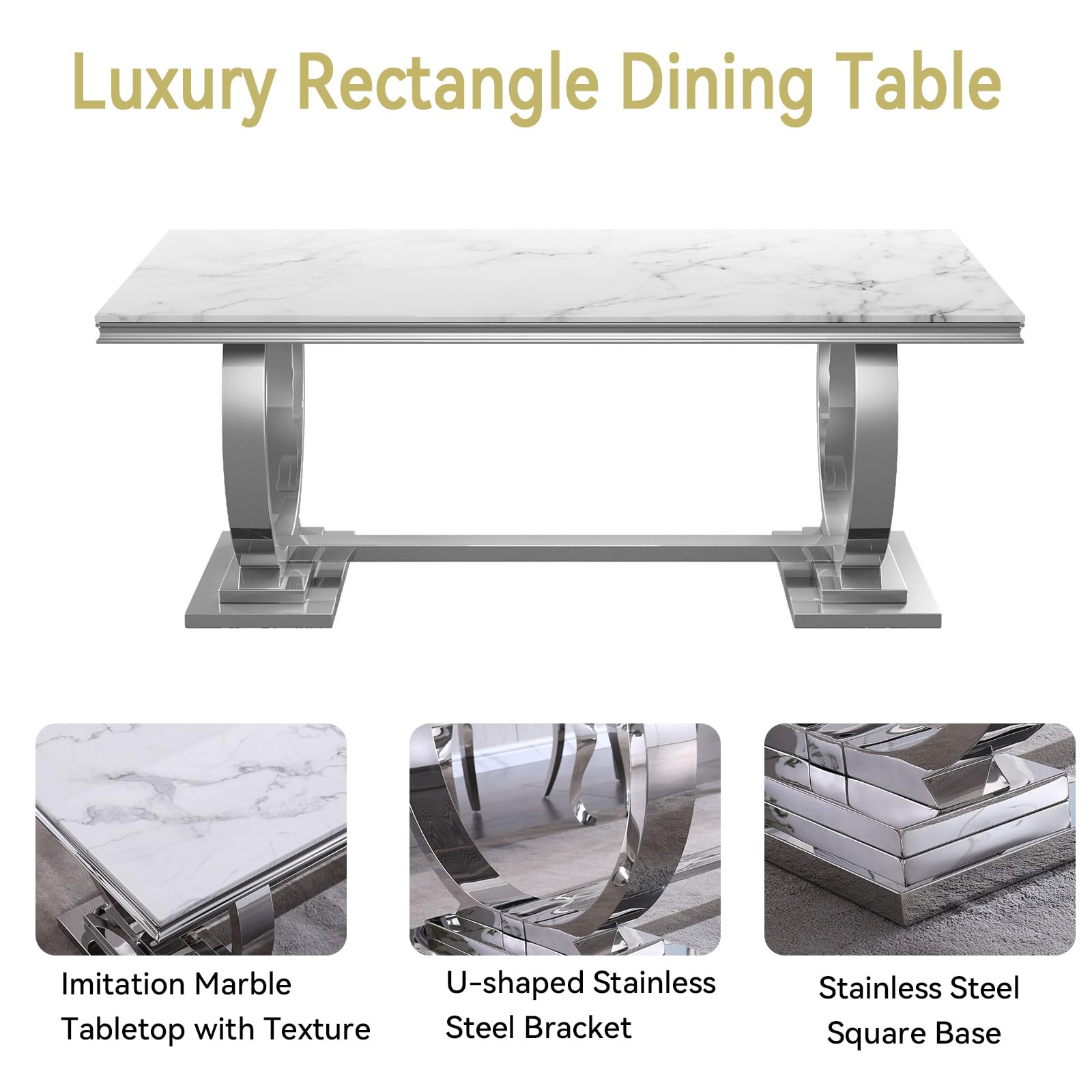 70'' Marble Dining Room Table for 6 or 8, Modern Marble Dining Table w/Silver Stainless Steel U-Base Rectangular Kitchen Table for 8, Large White Dining Table for Home Kitchen Dining Room