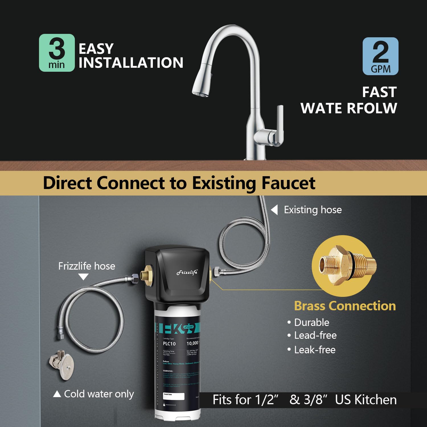 Frizzlife FK99 Under Sink Water Filter System, NSF/ANSI 53&42 Certified, Remove 99.99% Chlorine, Lead, Bad Taste&Odor, Direct Connect, 0.5 Micron, Under Counter Drinking Water Filter
