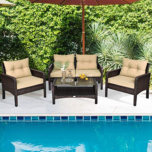 HAPPYGRILL 4-Piece Patio Furniture Set Outdoor Rattan Wicker Sofa Set with Cushions & Coffee Table, Conversation Sofa Set with Tempered Glass Table Top and Storage Shelf
