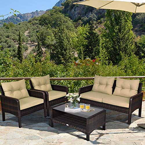 HAPPYGRILL 4-Piece Patio Furniture Set Outdoor Rattan Wicker Sofa Set with Cushions & Coffee Table, Conversation Sofa Set with Tempered Glass Table Top and Storage Shelf