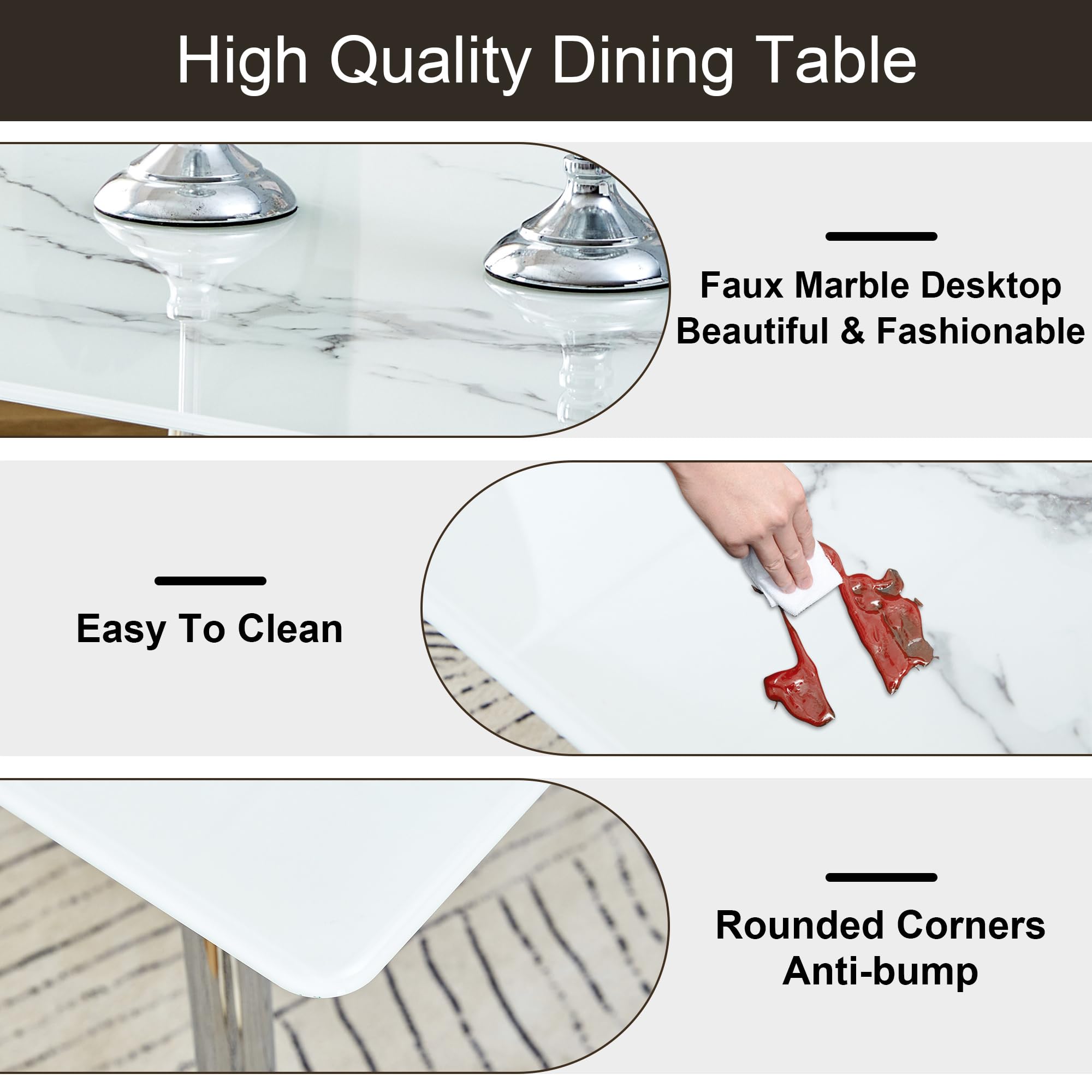 JBFF Modern Minimalist Glass, 0.3" Thick Imitation Marble Coffee Sliver Metal Legs, Rectangle Table for Kitchen Dining Living Room Restaurant, 51" x 31.4" x 30", White