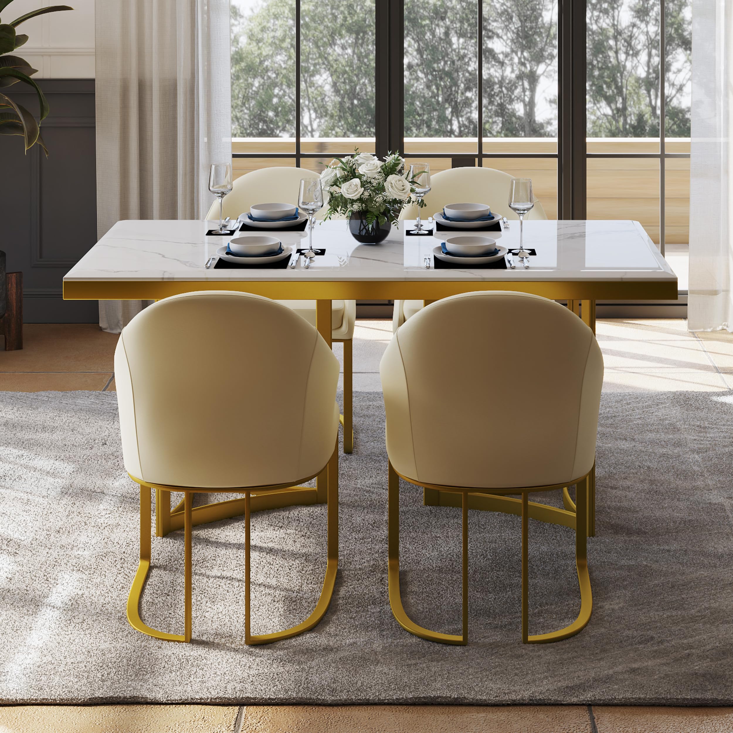 POVISON Marble Dining Table for 6, Modern Dining Room Table 63" for Kitchen & Dining Room, White Marble Table Top with Luxury Gold Trestle Pedestal(Dining Table Only)