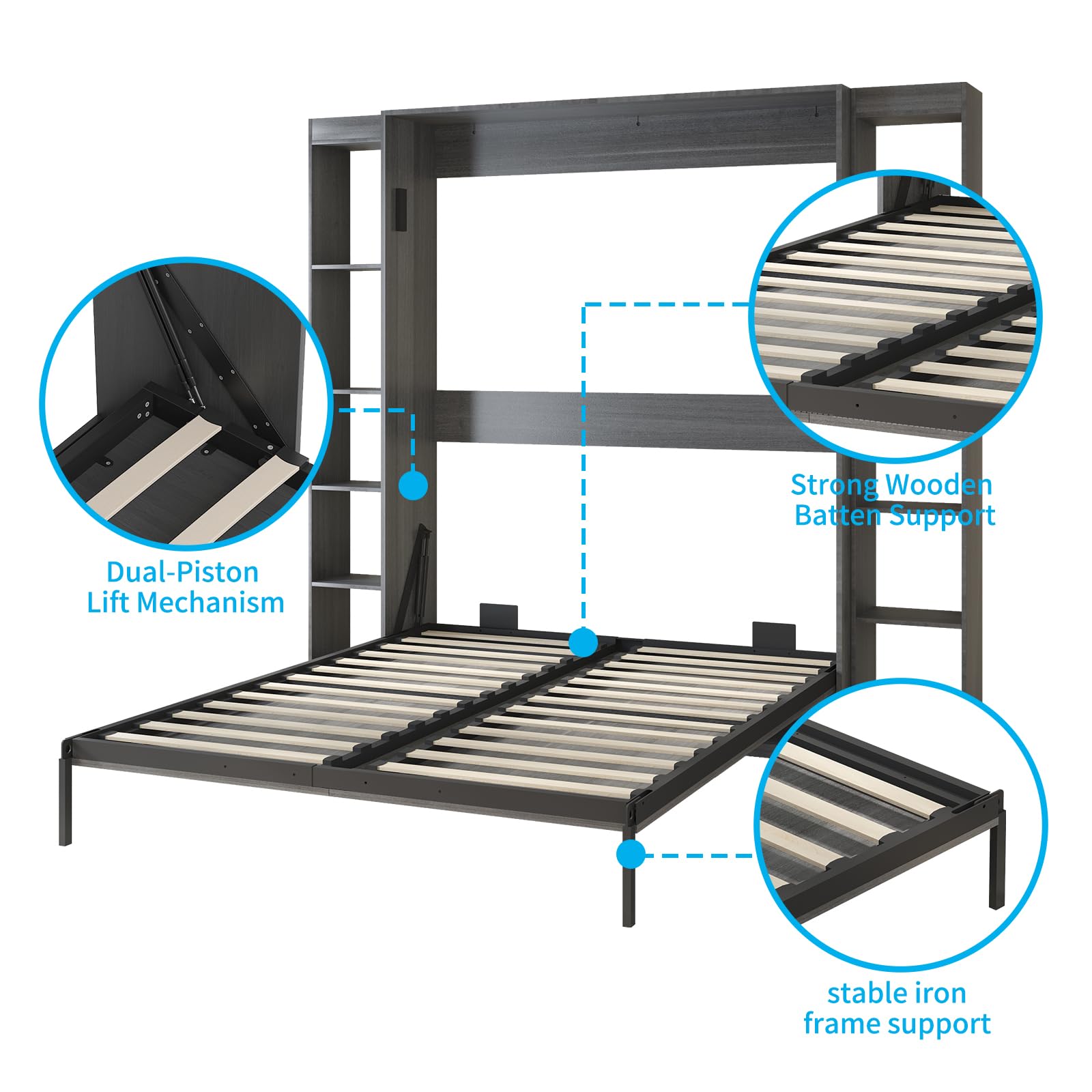 Mjkone Murphy Bed with 2 Side Cabinet, Folding Wall Bed for Bedroom, Fold Up Murphy Bed Cabinet, Queen Murphy Chest Bed Can Be Folded into a Cabinet, Storage Bed (Dark Grey, Style 1)