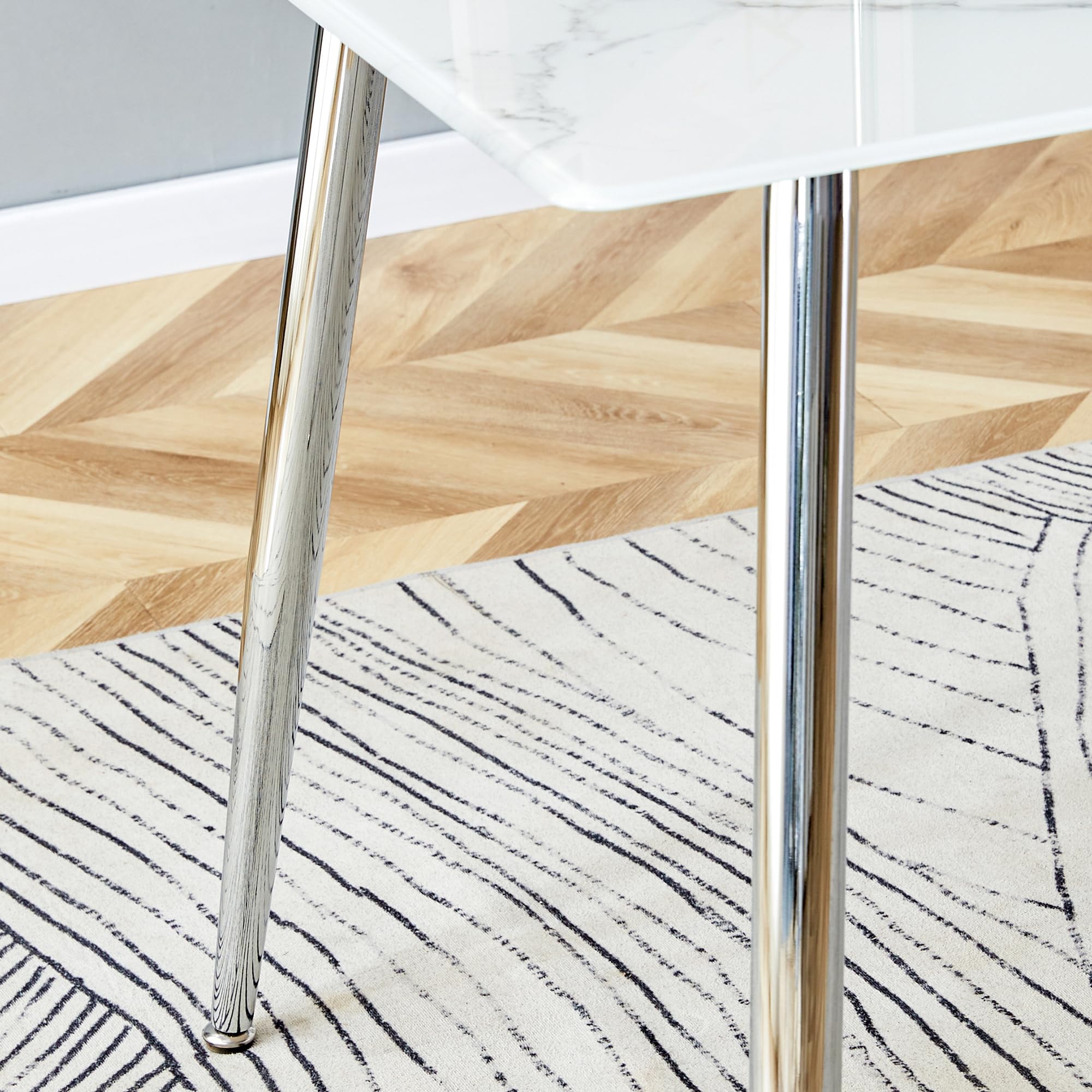 JBFF Modern Minimalist Glass, 0.3" Thick Imitation Marble Coffee Sliver Metal Legs, Rectangle Table for Kitchen Dining Living Room Restaurant, 51" x 31.4" x 30", White